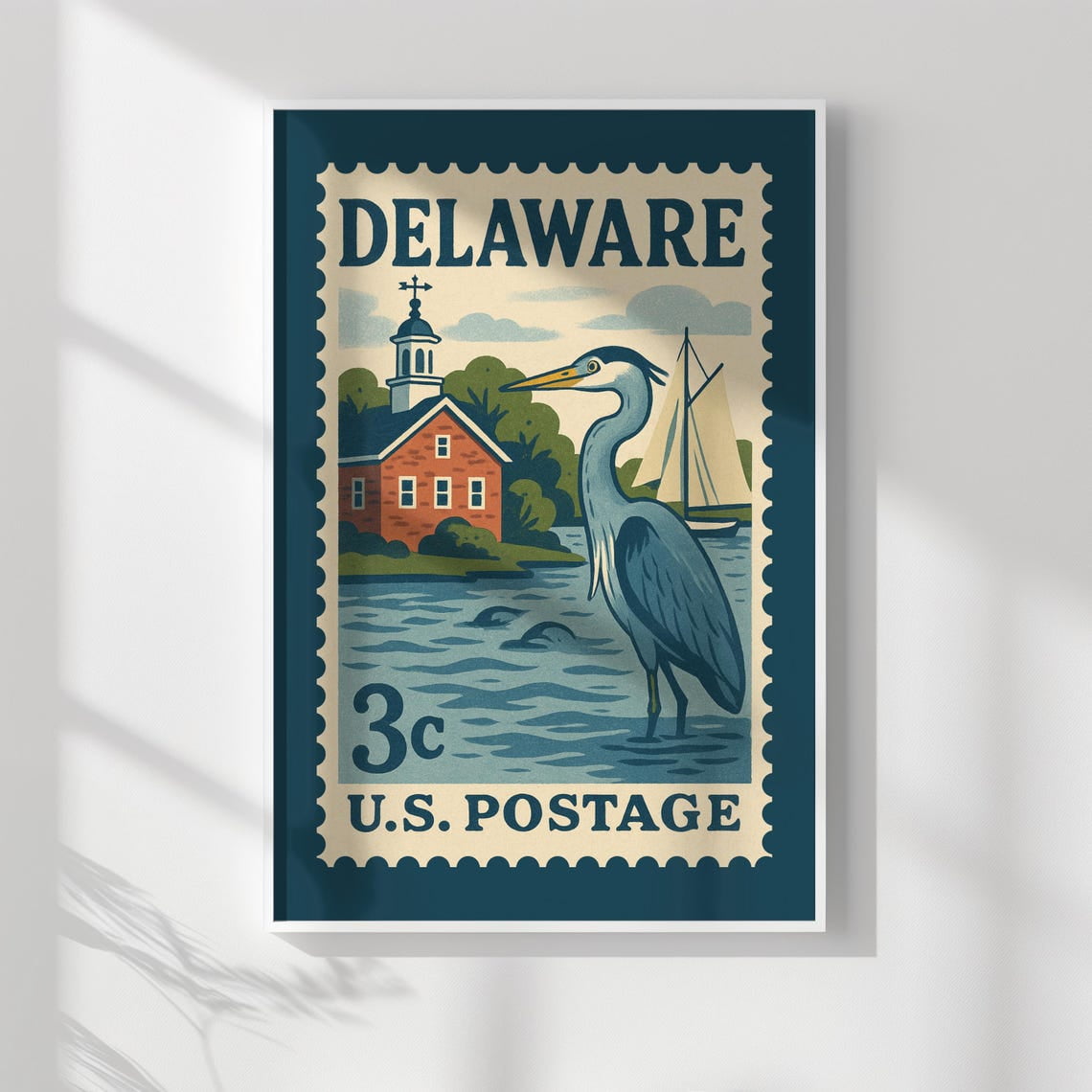 Delaware Postage Stamp Poster Retro Coastal Heron Bird Wall Art Vintage ...