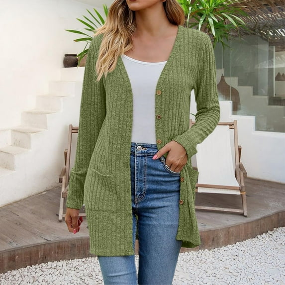 Delayuji Cardigans Sweater For Women Elegant Ribbed Solid Color ...