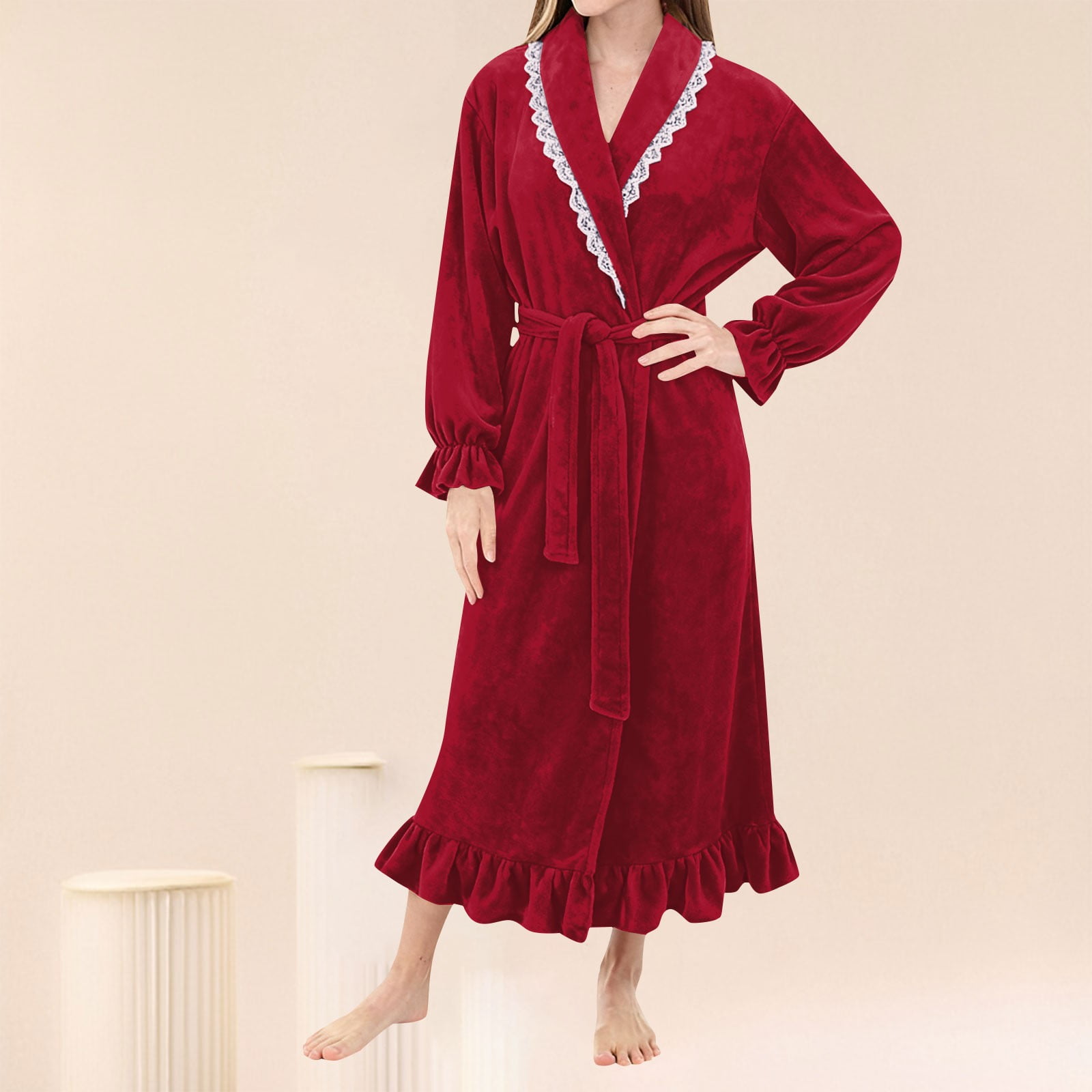 Delayuji Premium Robes for Women Plush Fleece Lace Trim Fuzzy Bathrobe ...