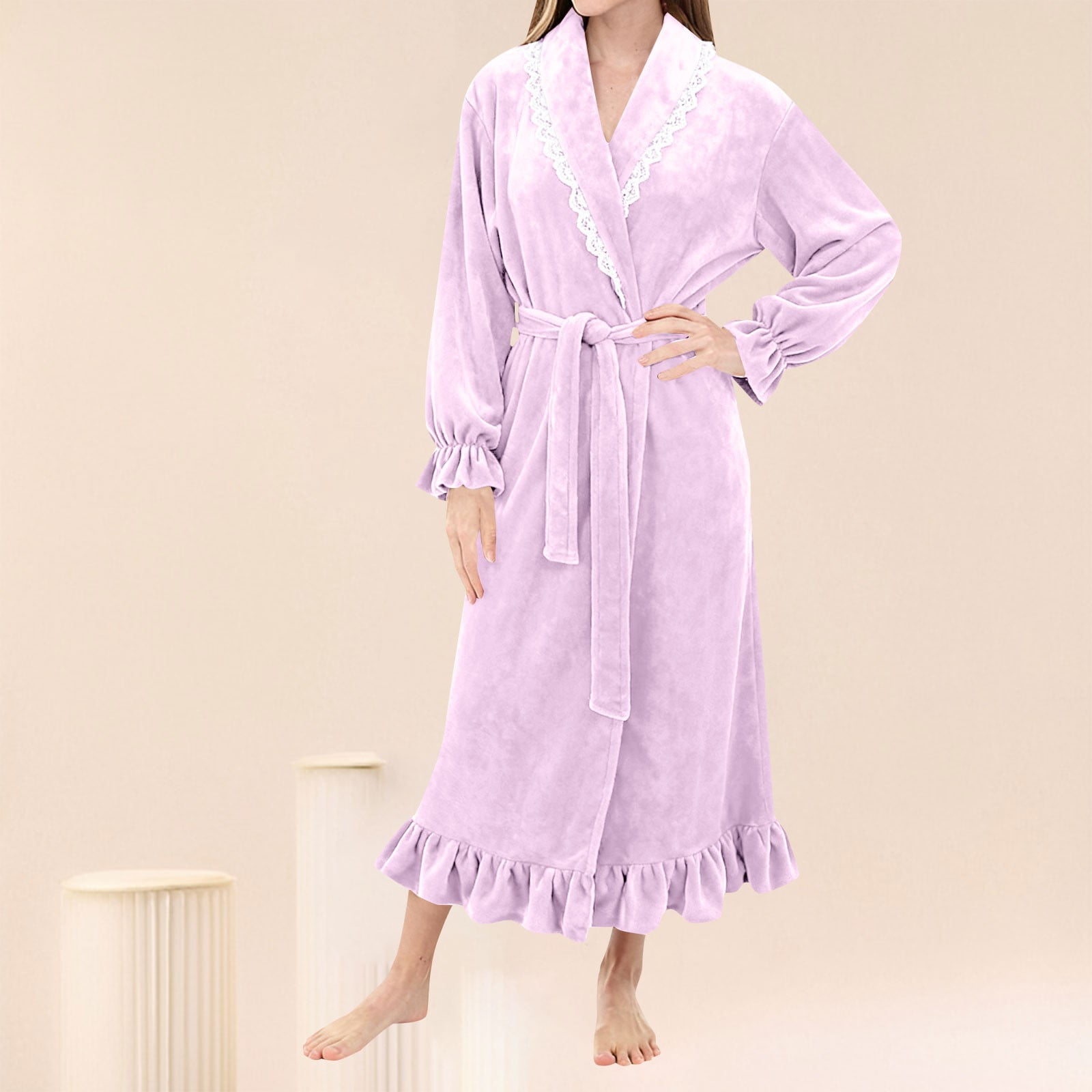 Delayuji Premium Robes for Women Plush Fleece Lace Trim Fuzzy Bathrobe ...