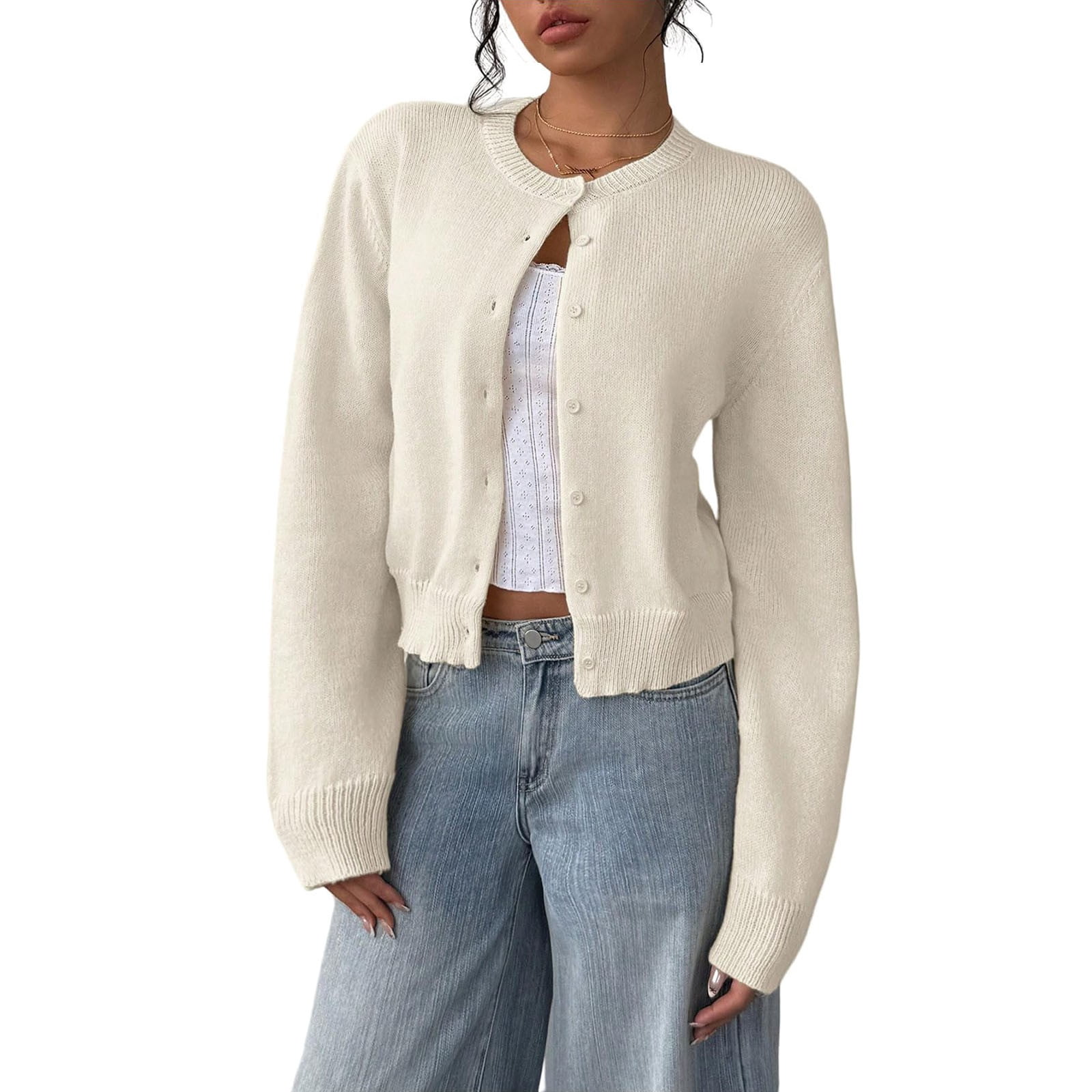 Delayuji Women's Button Down Cardigan Sweater Long Sleeve Crewneck Crop ...
