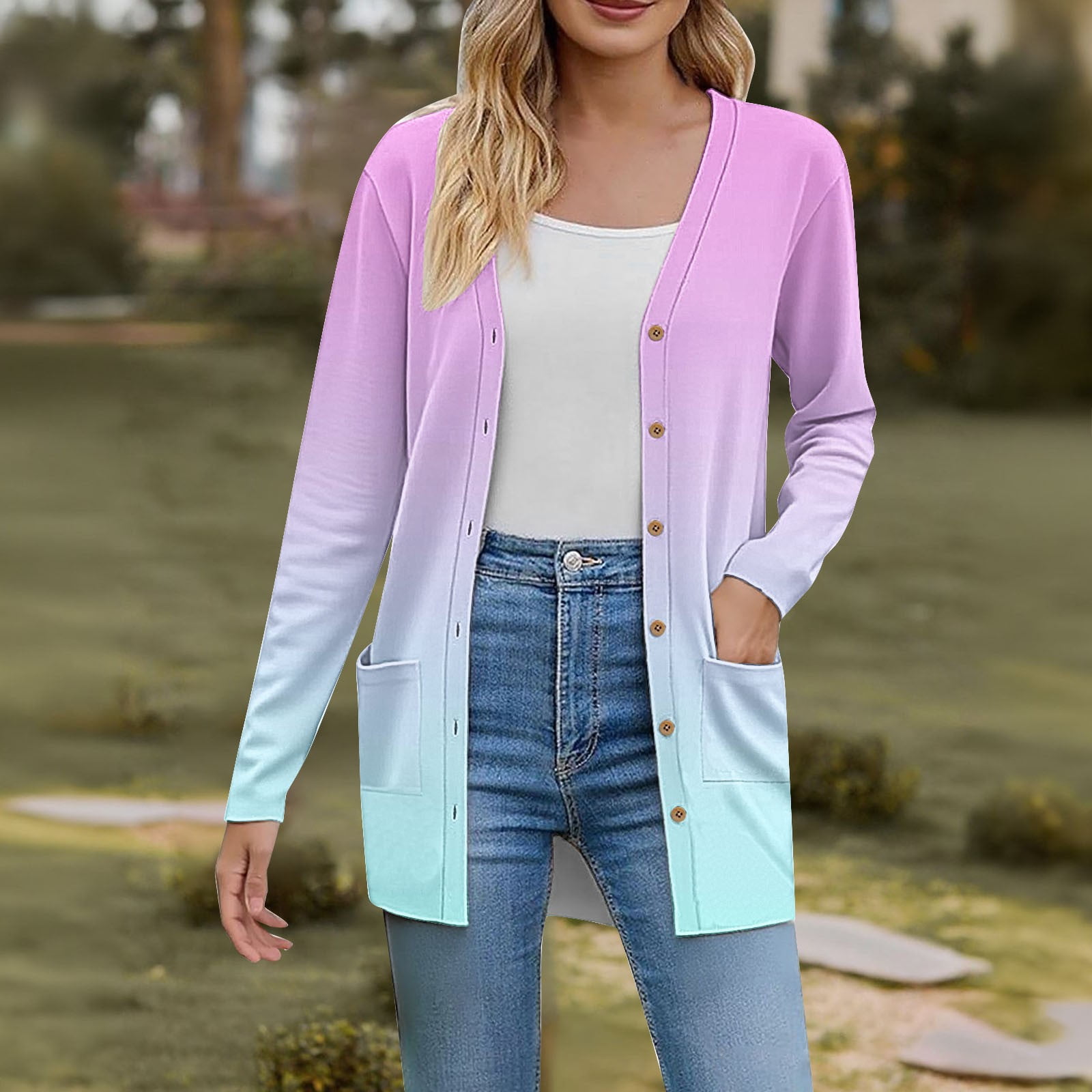 Delayuji Women’s Cardigan Lightweight Soft Knit Gradient Color Long ...