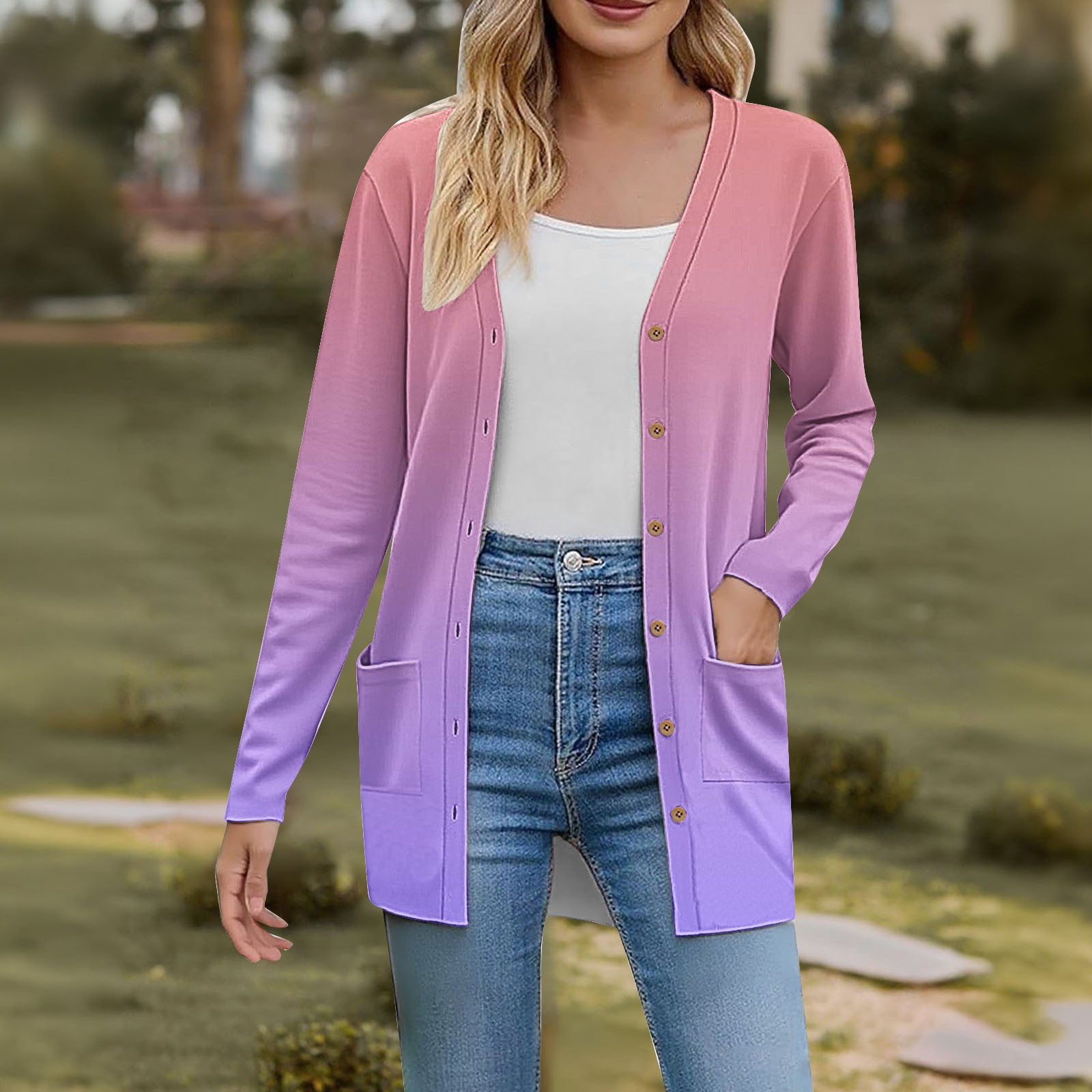 Delayuji Women’s Cardigan Lightweight Soft Knit Gradient Color Long ...