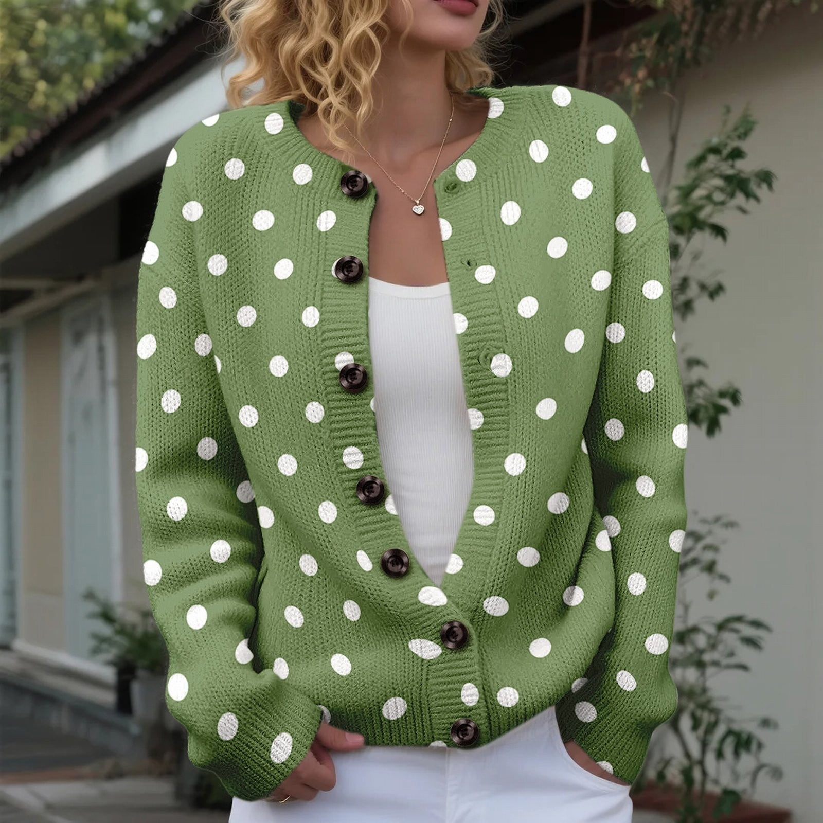 Delayuji Women's Cardigans Sweater Open Front Polka Dot Print Sweaters ...