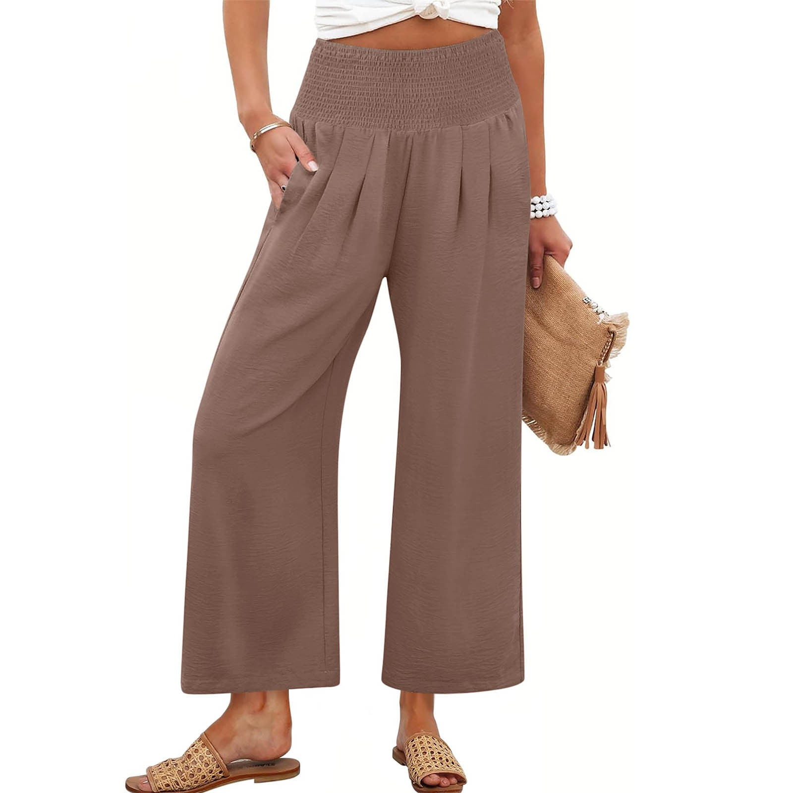 Delayuji Women's Casual Pants Solid Color Cropped Pants High Waisted ...