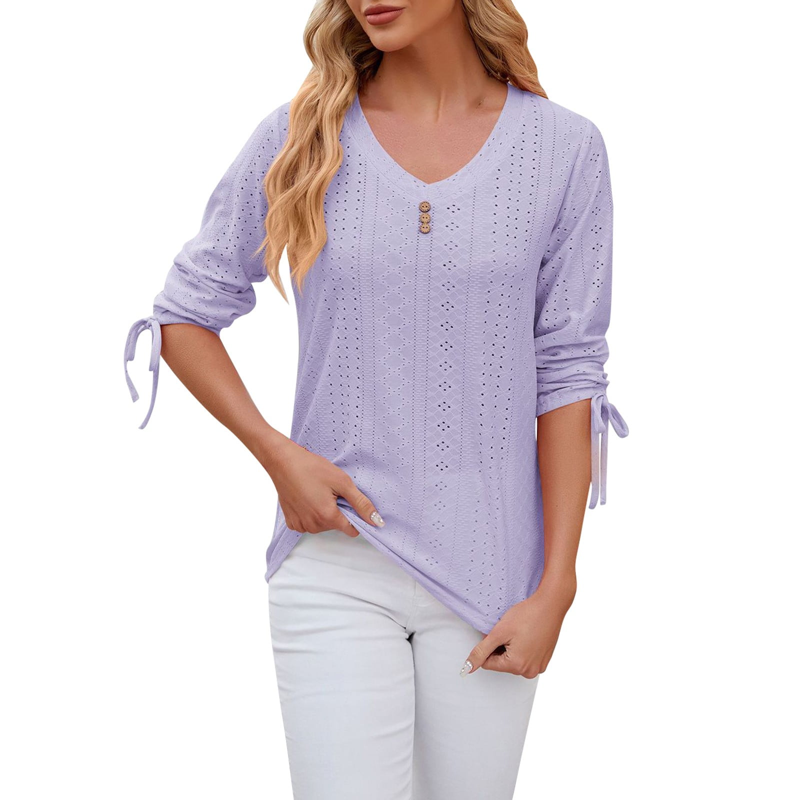Delayuji Women's Eyelet Tee Tops Drawstrings Half Sleeve V Neck Tshirts ...