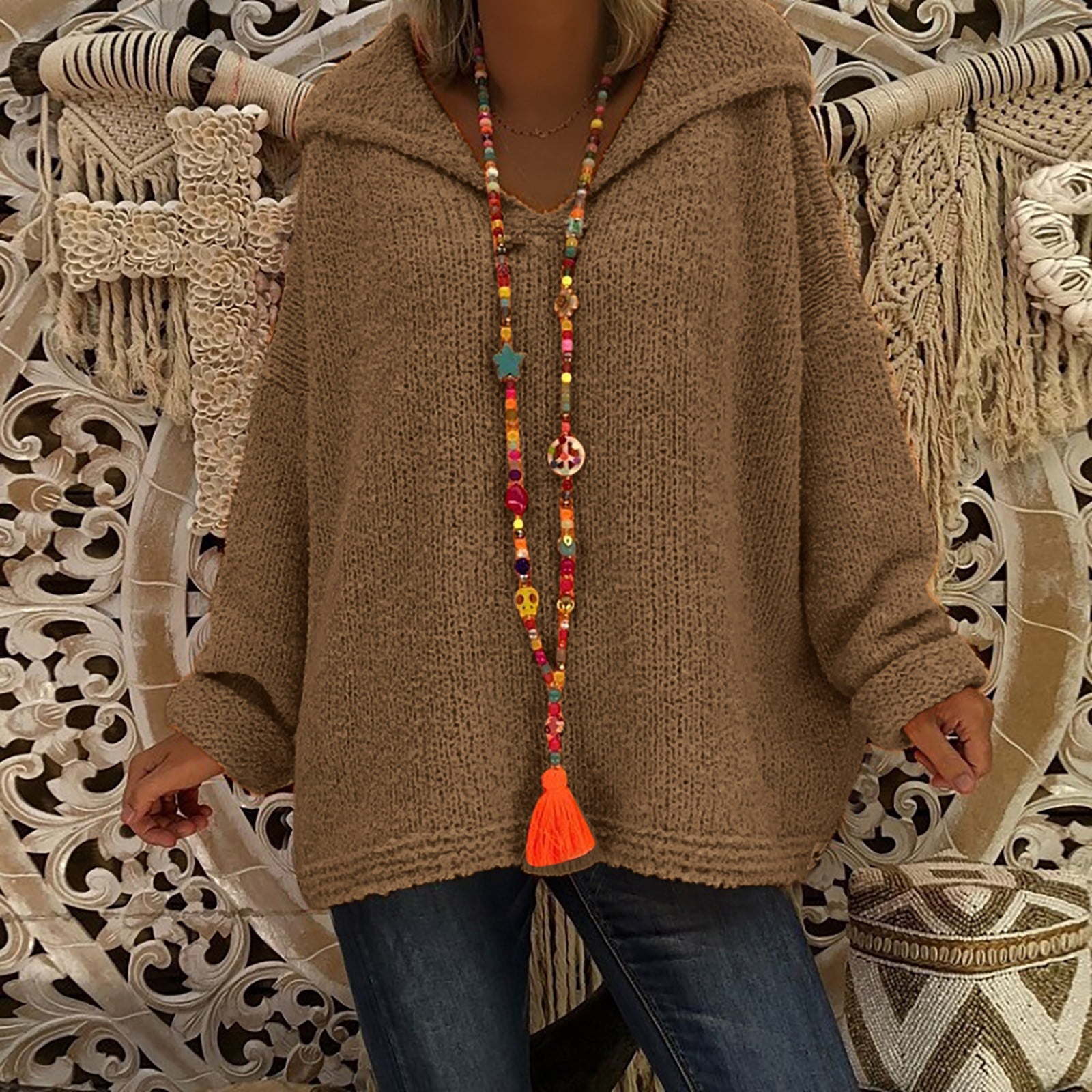 Delayuji Women's Knitted Sweater Top Casual With Hood Pullover ...