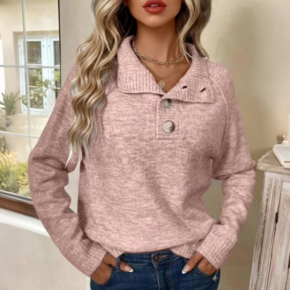 Delayuji Women's Lapel Sweater Casual Sweatshirt Button Solid Color ...