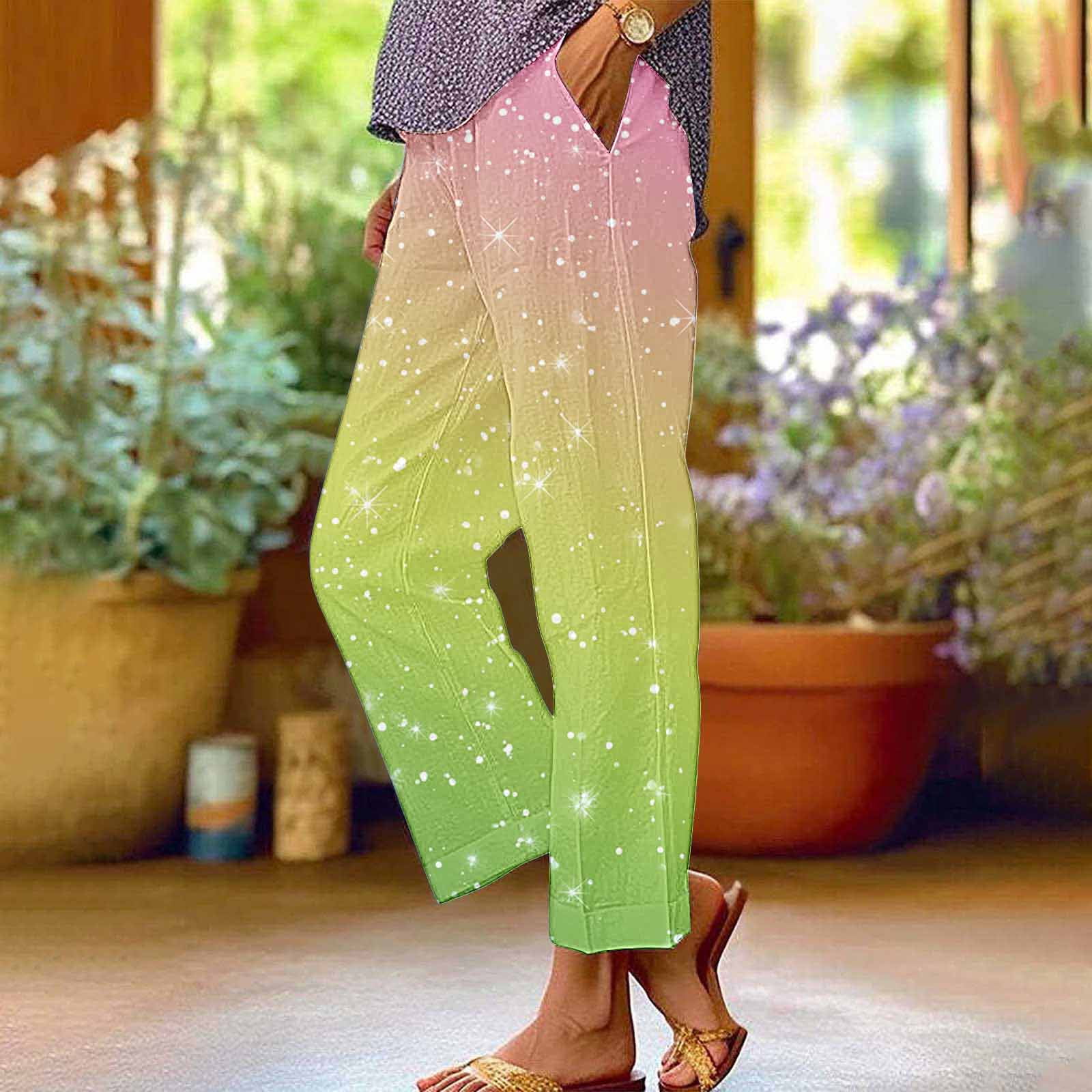 Delayuji Women's Linen Pants Gradient Color White Point Printed Casual ...