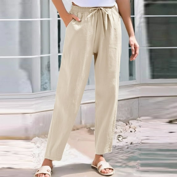 Delayuji Women's Linen Pants Straight Leg Pants Elastic Casual Pants ...