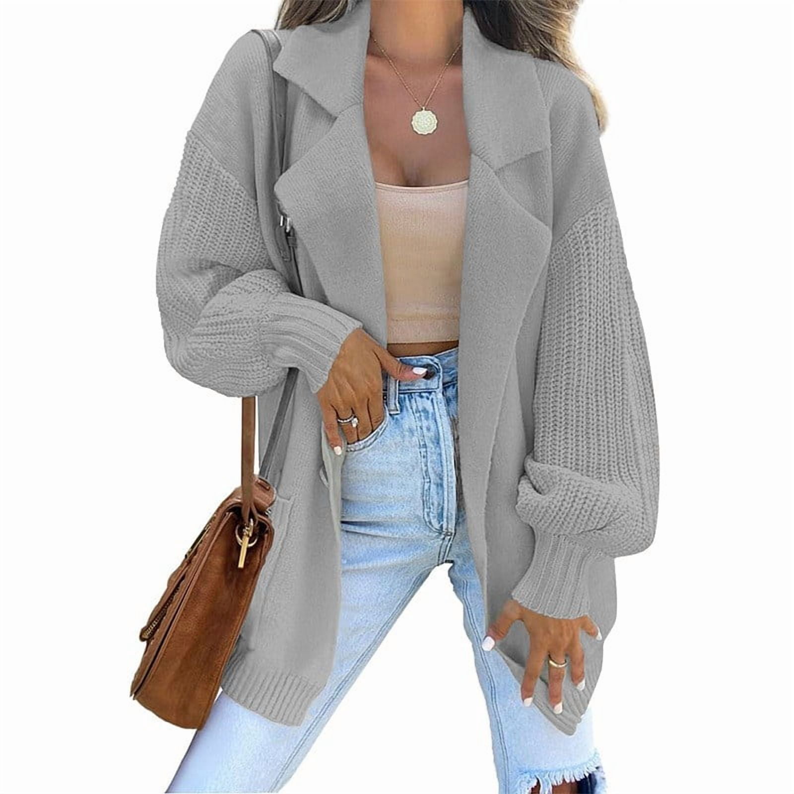 Delayuji Women's Long Sleeve Sweater Coat Collared Coat Open Front Knit ...