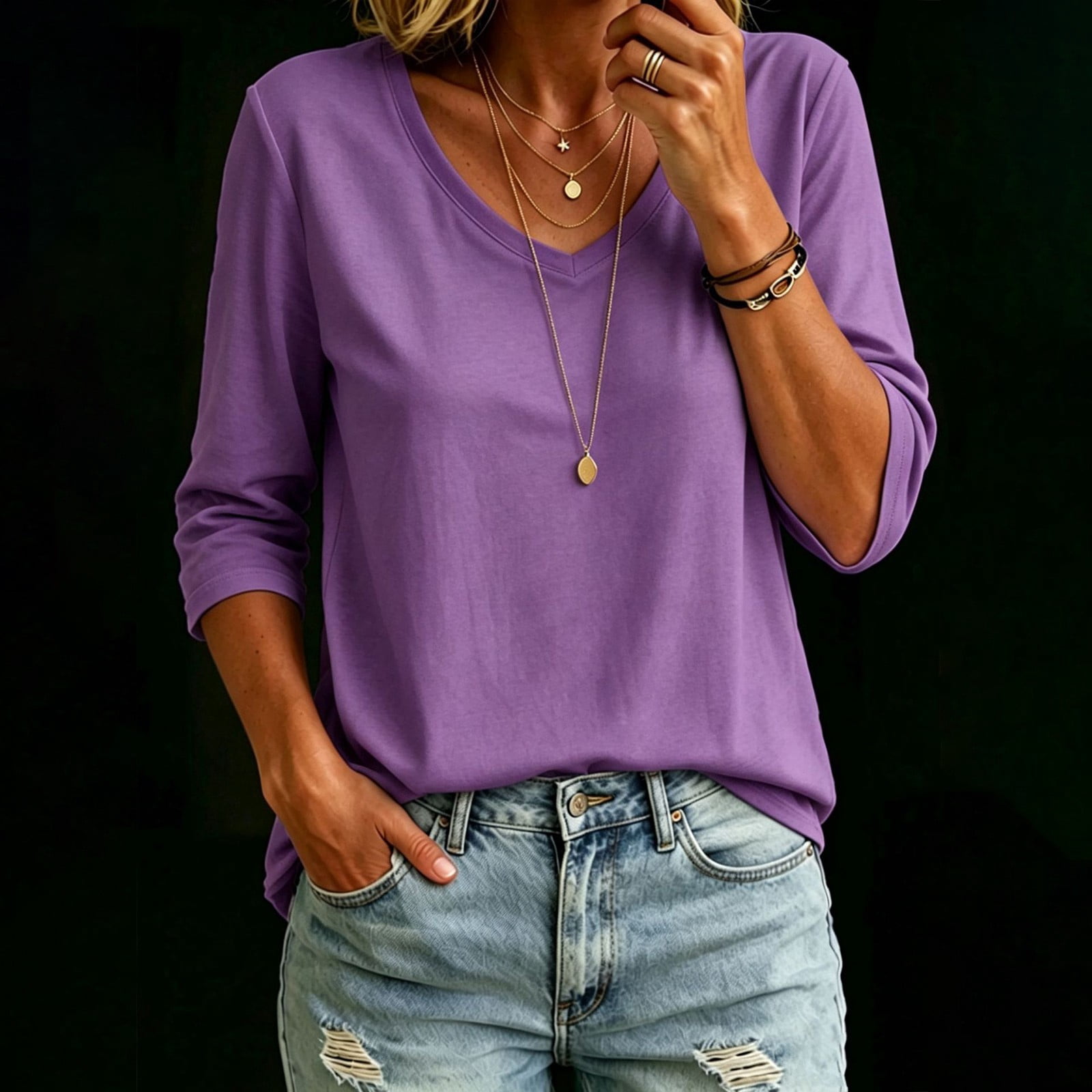 Delayuji Women's Long Sleeve Tshirt Versatile Classic Tee Solid Color V ...