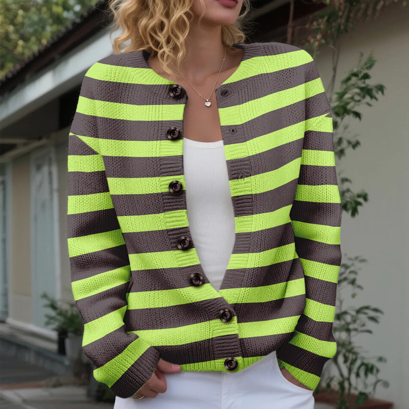 Delayuji Women's Open Front Cardigans Sweater Cute Striped Print ...