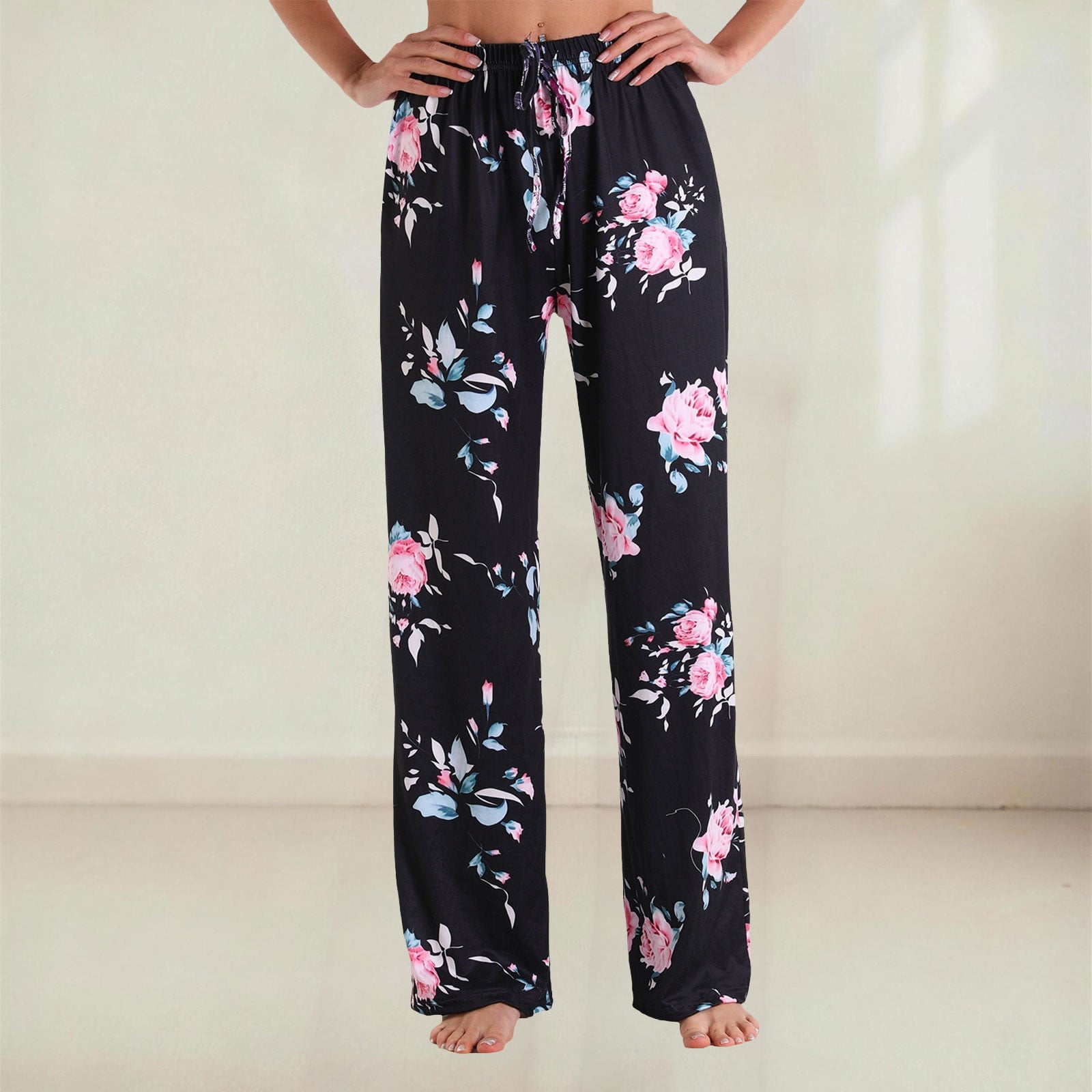 Delayuji Women's Pajama Pants Flower Printed Soft Casual Wide Leg Pants ...