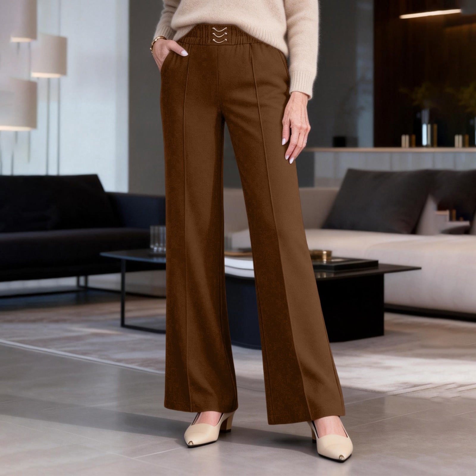 Delayuji Women's Pants High Waist Soft Pull On Slacks For Senior Ladies ...