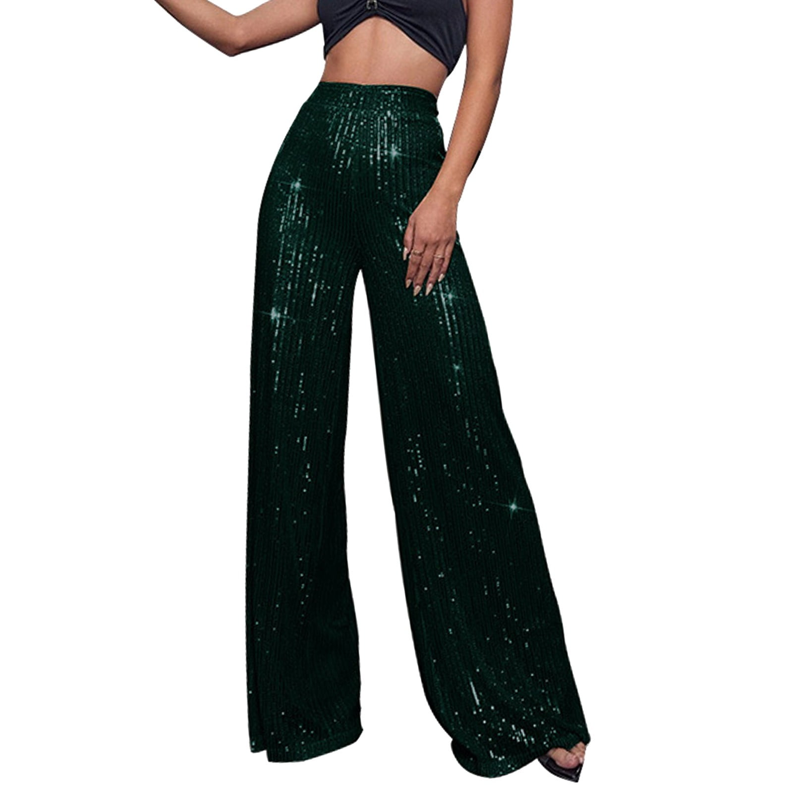 Delayuji Women's Sequin Pants High Waisted Sequin Loose Drape Wide Leg ...