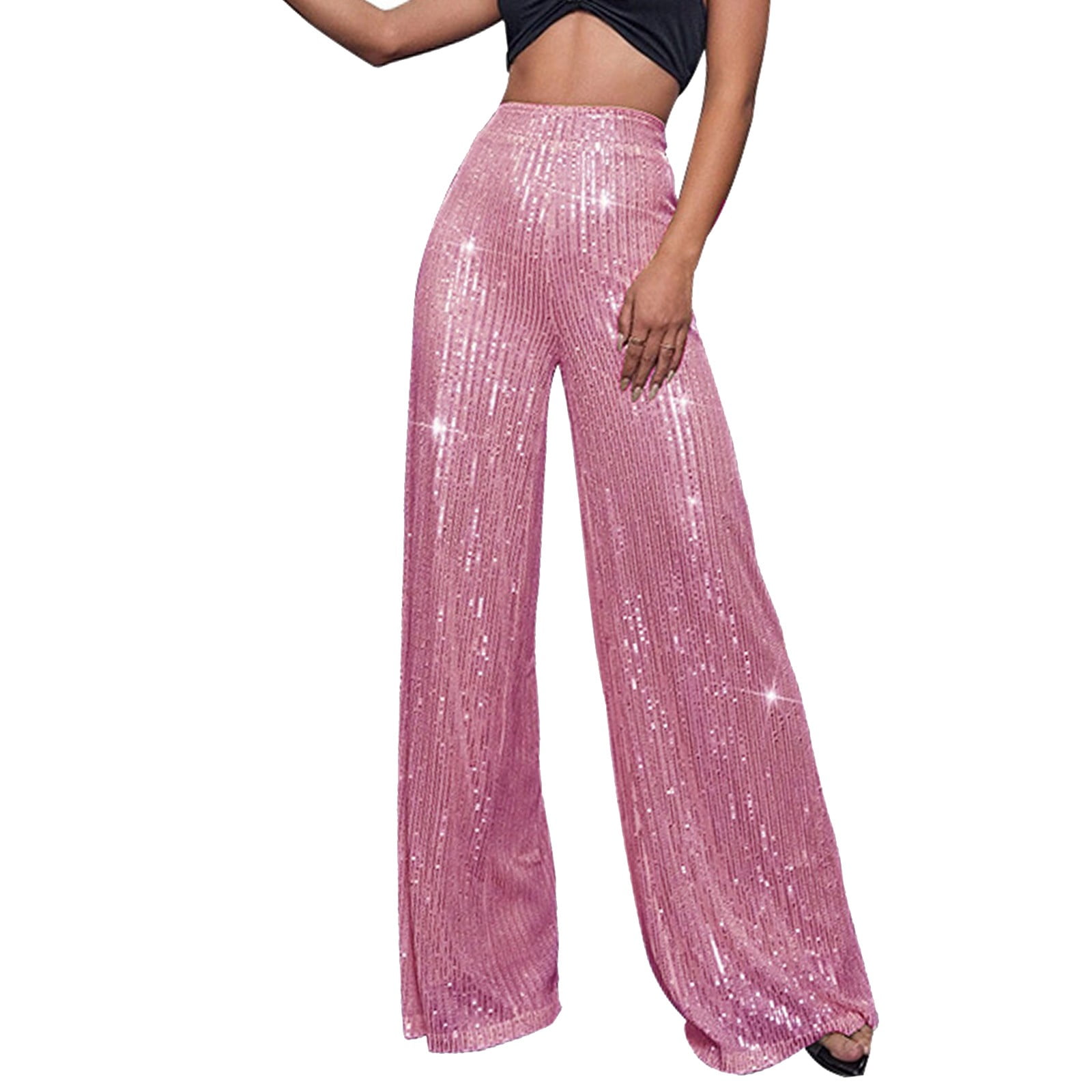 Delayuji Women's Sequin Pants High Waisted Sequin Loose Drape Wide Leg ...