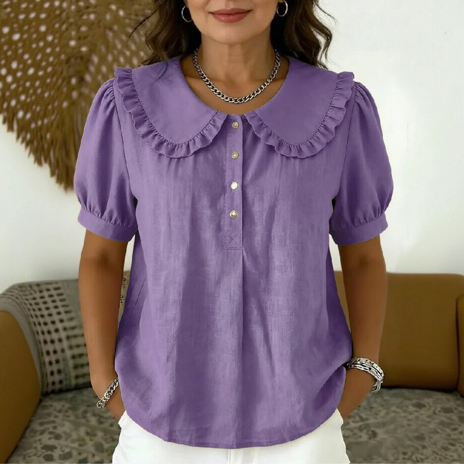 Delayuji Womens Button Down Shirt Solid Color Loose Babydoll Collar ...