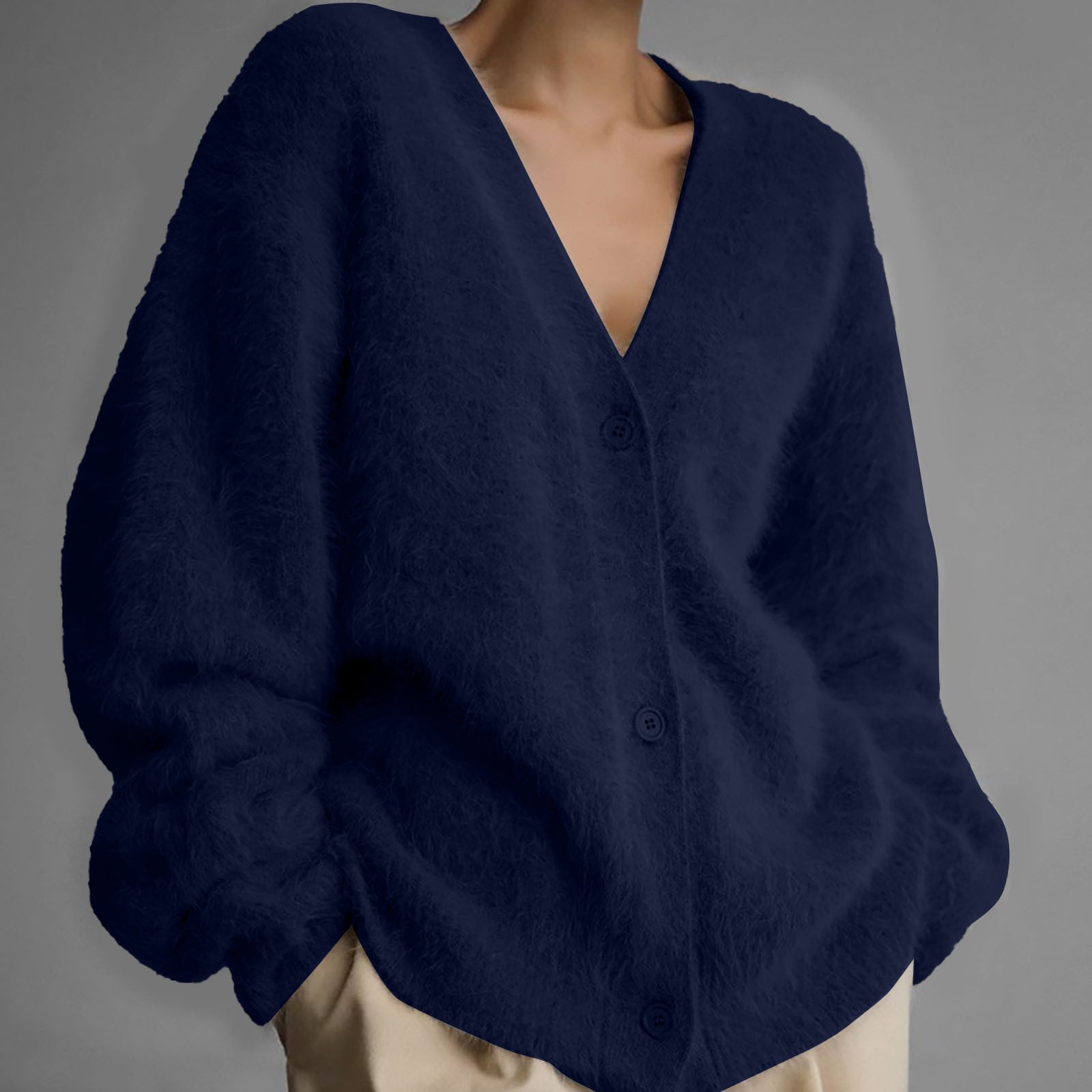 Delayuji Womens Furry Front Cardigan Sweater V Neck Loose Casual Knit ...