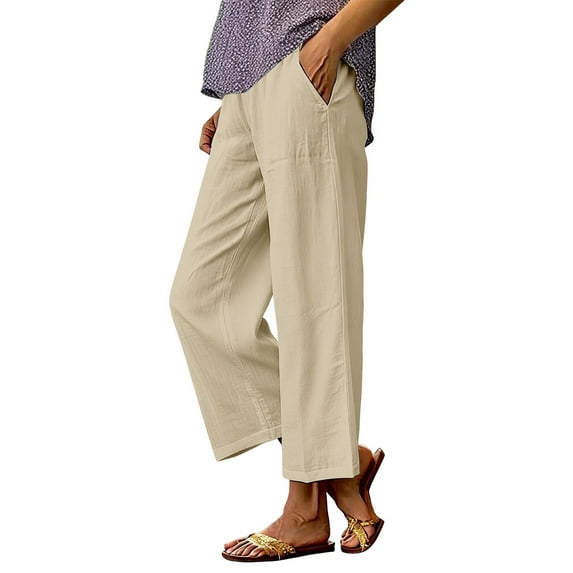 Delayuji Womens Linen Pants Casual Solid Color Loose Elastic Waist ...