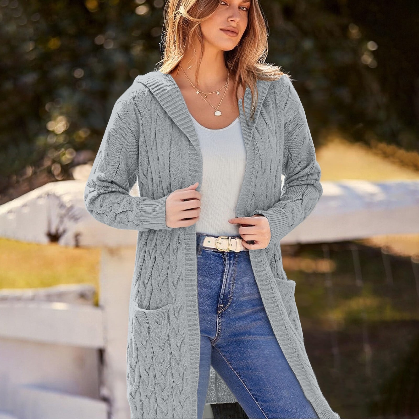Delayuji Womens Open Front Cardigan Cable Knit Cardigan Sweaters Solid ...