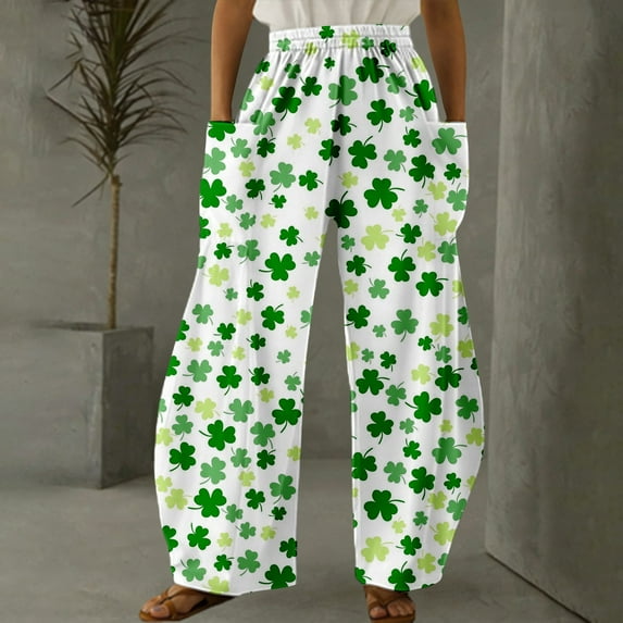 Delayuji Womens Pants Fashion Four Leaf Clover Print Casual Comfortable ...