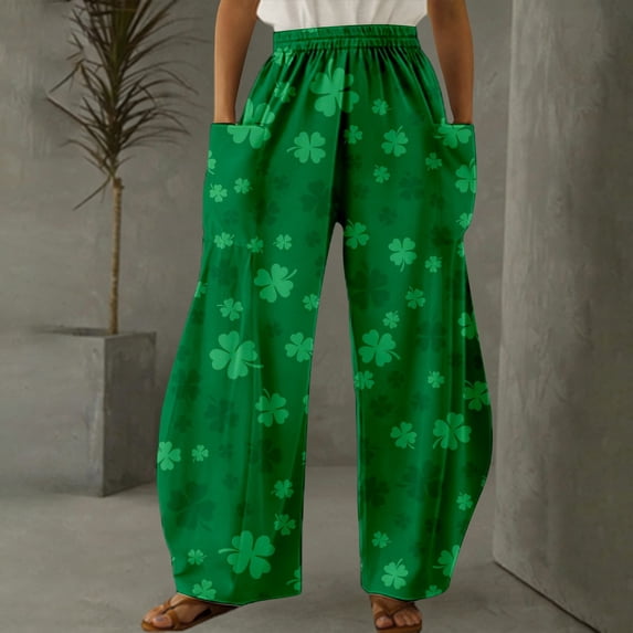 Delayuji Womens Pants Fashion Four Leaf Clover Print Casual Comfortable ...