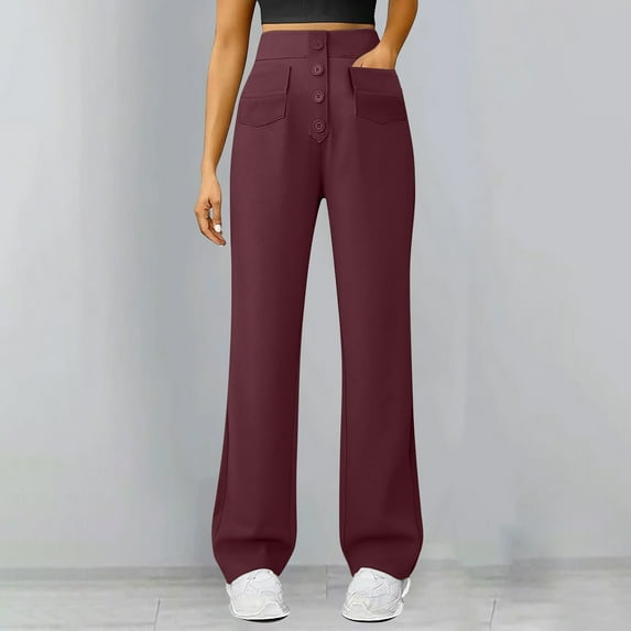 Delayuji Womens Straight Leg Pants High Waist Wide Leg Pants Button ...
