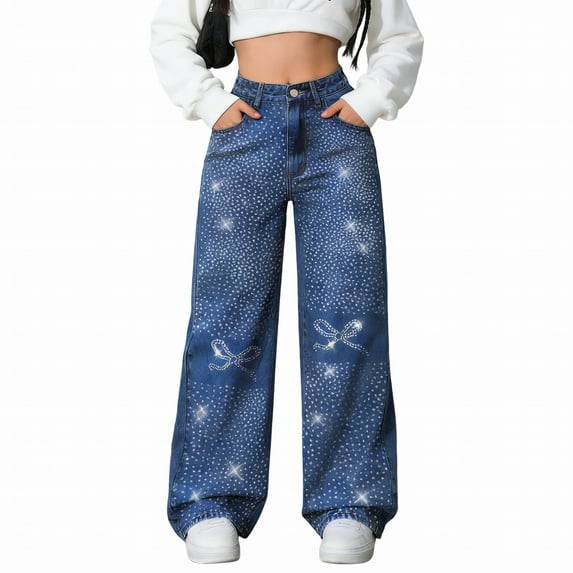 Delayuji Womens Wide Leg Jean Baggy Jean Pants Mid Waist Retro Blue ...
