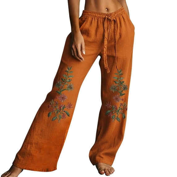 Delayuji Womens Wide Leg Pants Casual Daily Embroidery Flower Cotton ...