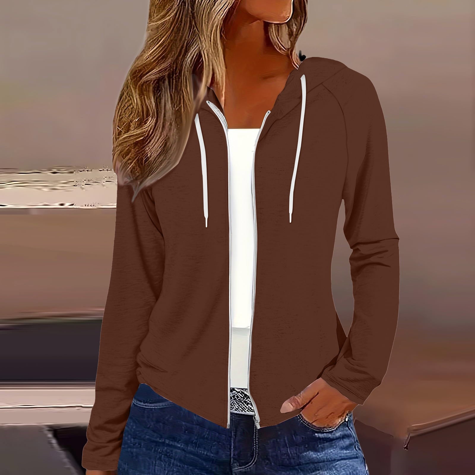 Delayuji Womens Zip Up Jackets Basic Lightweight Sweatshirt Solid Color ...