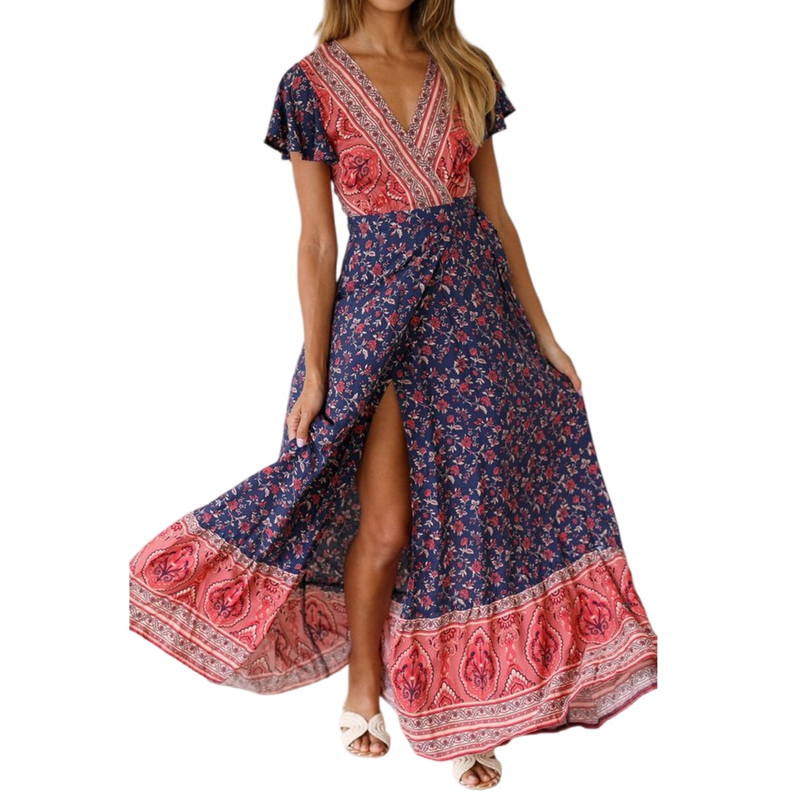 Delconic Fashionable Women's Leisure Vacation Printed Dress Sexy Long ...