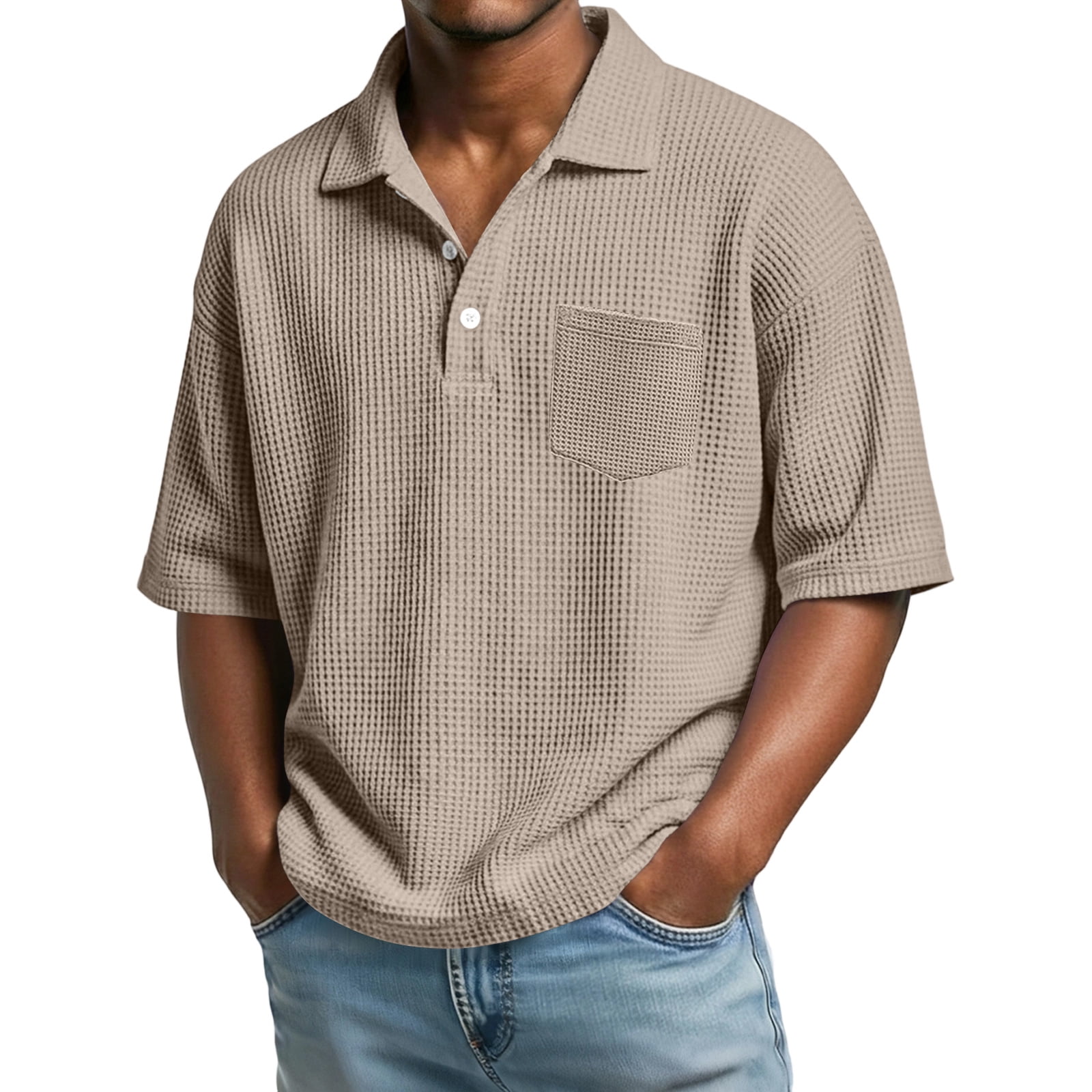 Delconic Men Waffle Knit Short Sleeve Polo Shirt Casual Loose Fit ...