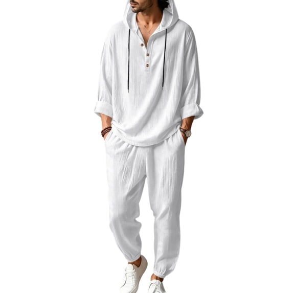 Delconic Mens Linen Blend Two Piece Outfit Hooded Henley Long Sleeve ...