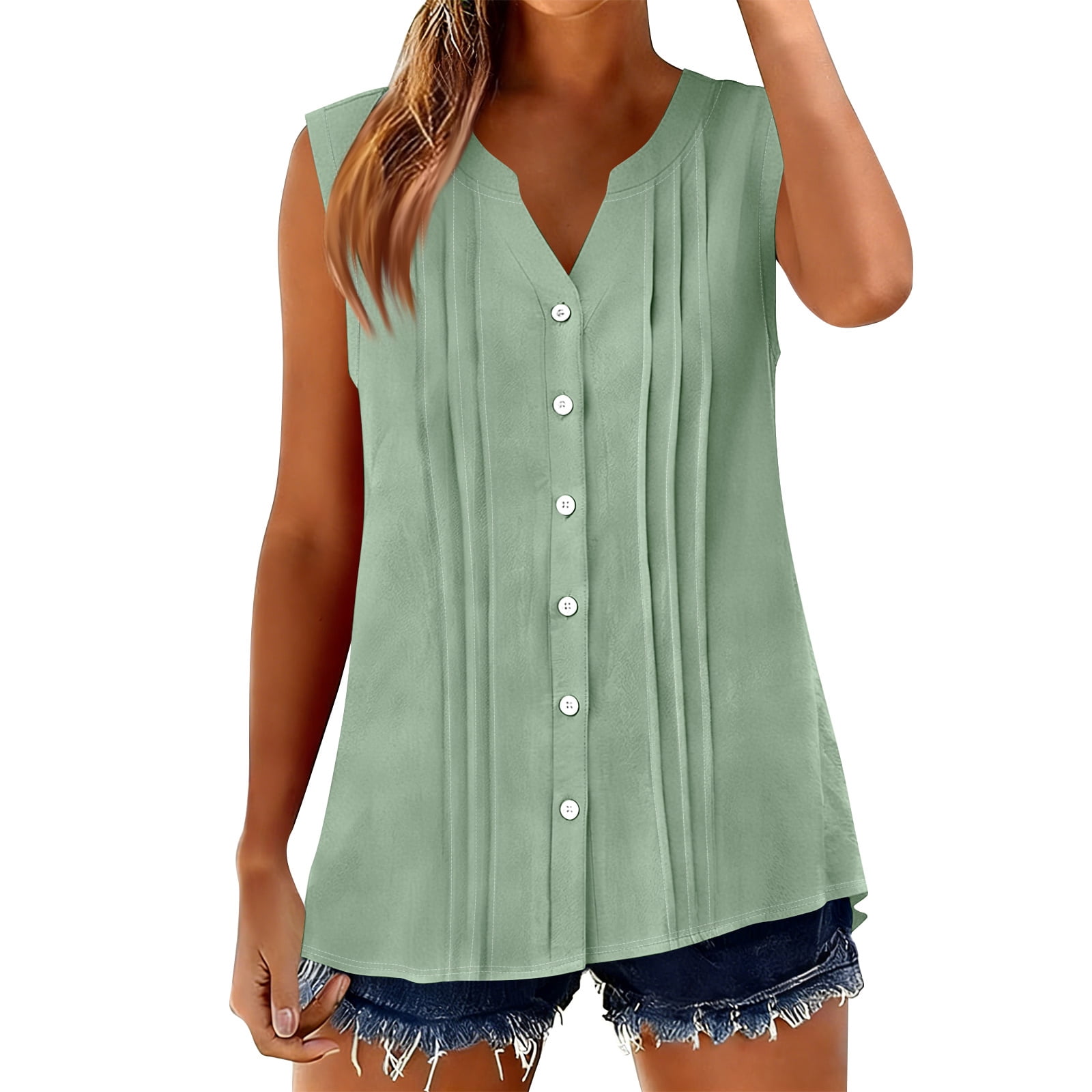 Delconic Sleeveless V Neck Button Down Blouse for Women Classic Pleated ...