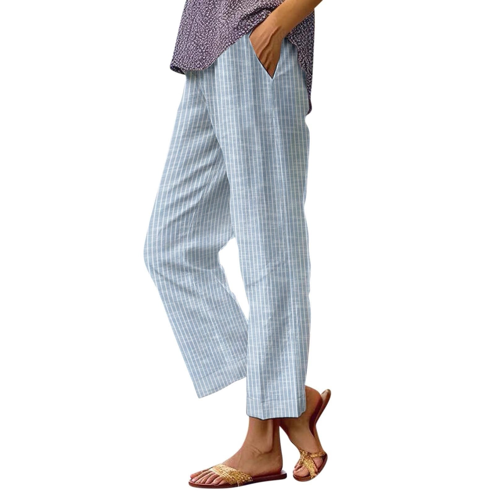 Delconic Women Loose Fit Striped Cotton Linen Elastic Waist Straight ...