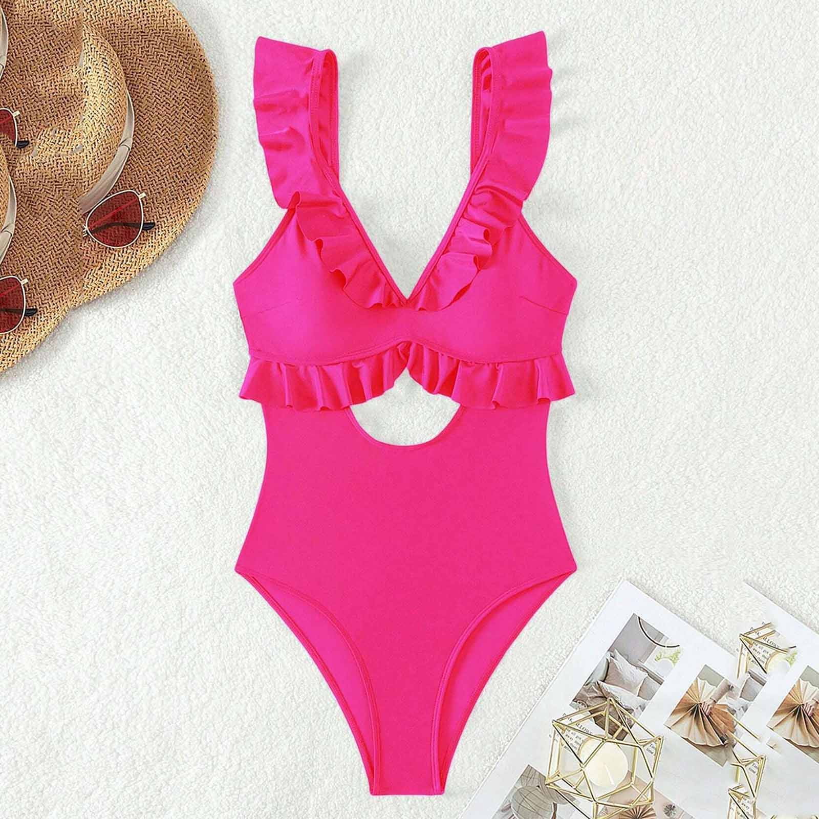 Delconic Women One Piece Swimsuit Ruffle Trim V Neck Cutout Monokini ...