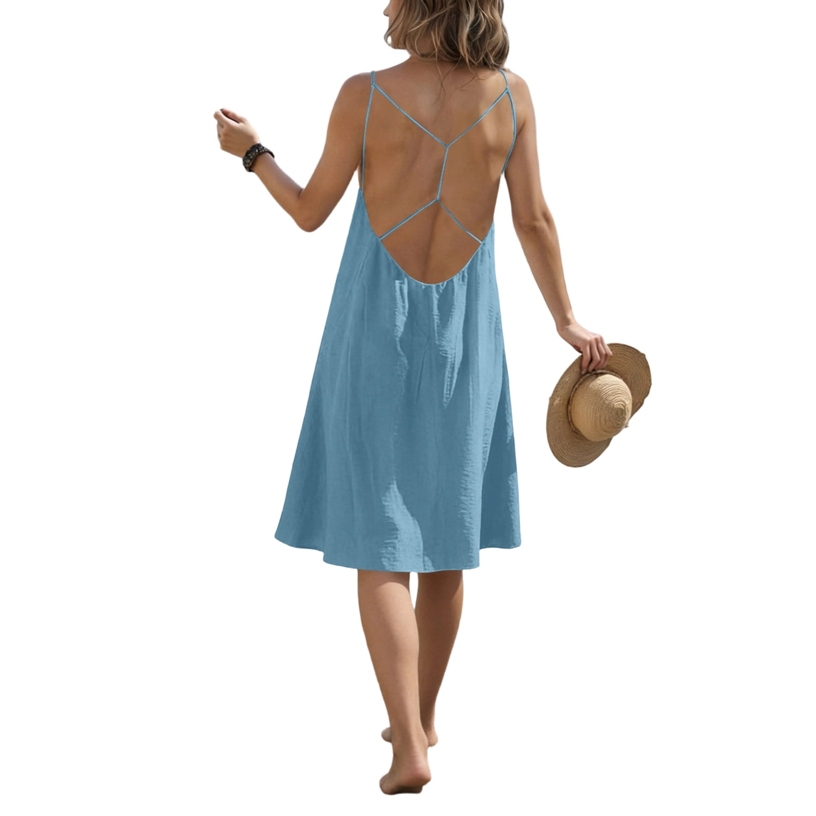 Delconic Women's Fashion Color Sleeveless Dress Sky Blue L - Walmart.com