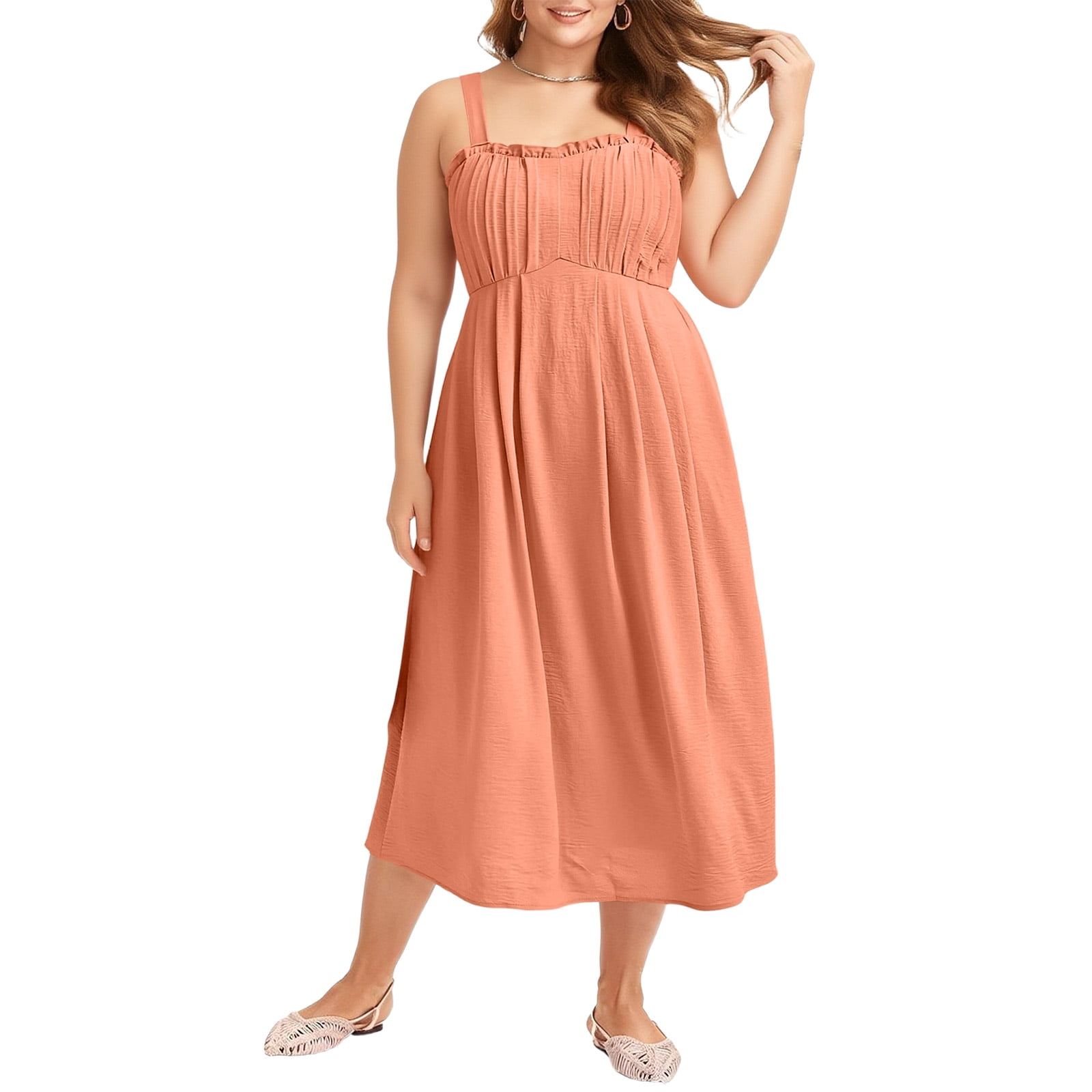 Delconic Women’s Sleeveless Square Neck Midi Dress with Pleated Bodice ...