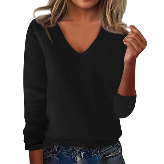 Delconic Women’s V Neck Knit Pullover Sweater Long Sleeve Lightweight ...