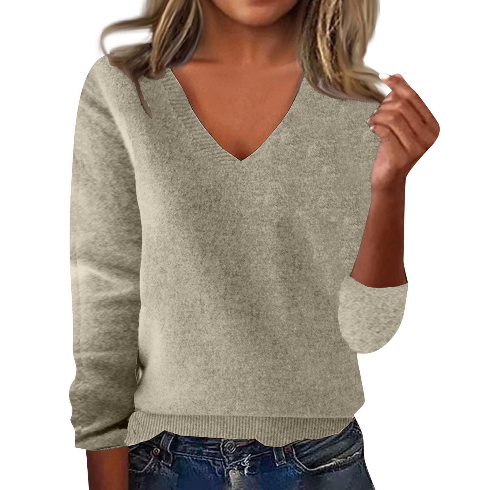 Delconic Women’s V Neck Knit Pullover Sweater Long Sleeve Lightweight ...