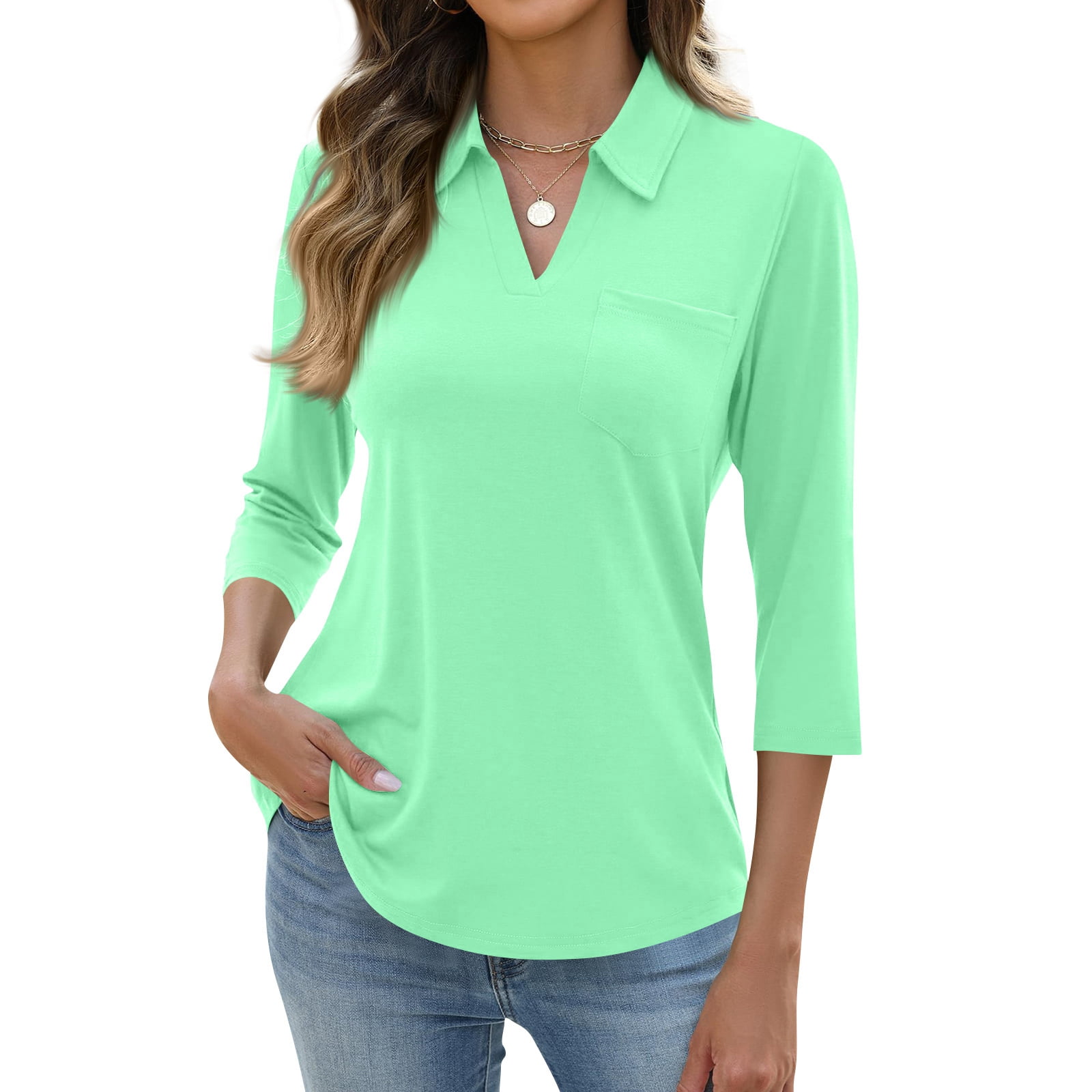 Delconic Womens 34 Sleeve Collared V Neck Top Lightweight Soft Fabric ...
