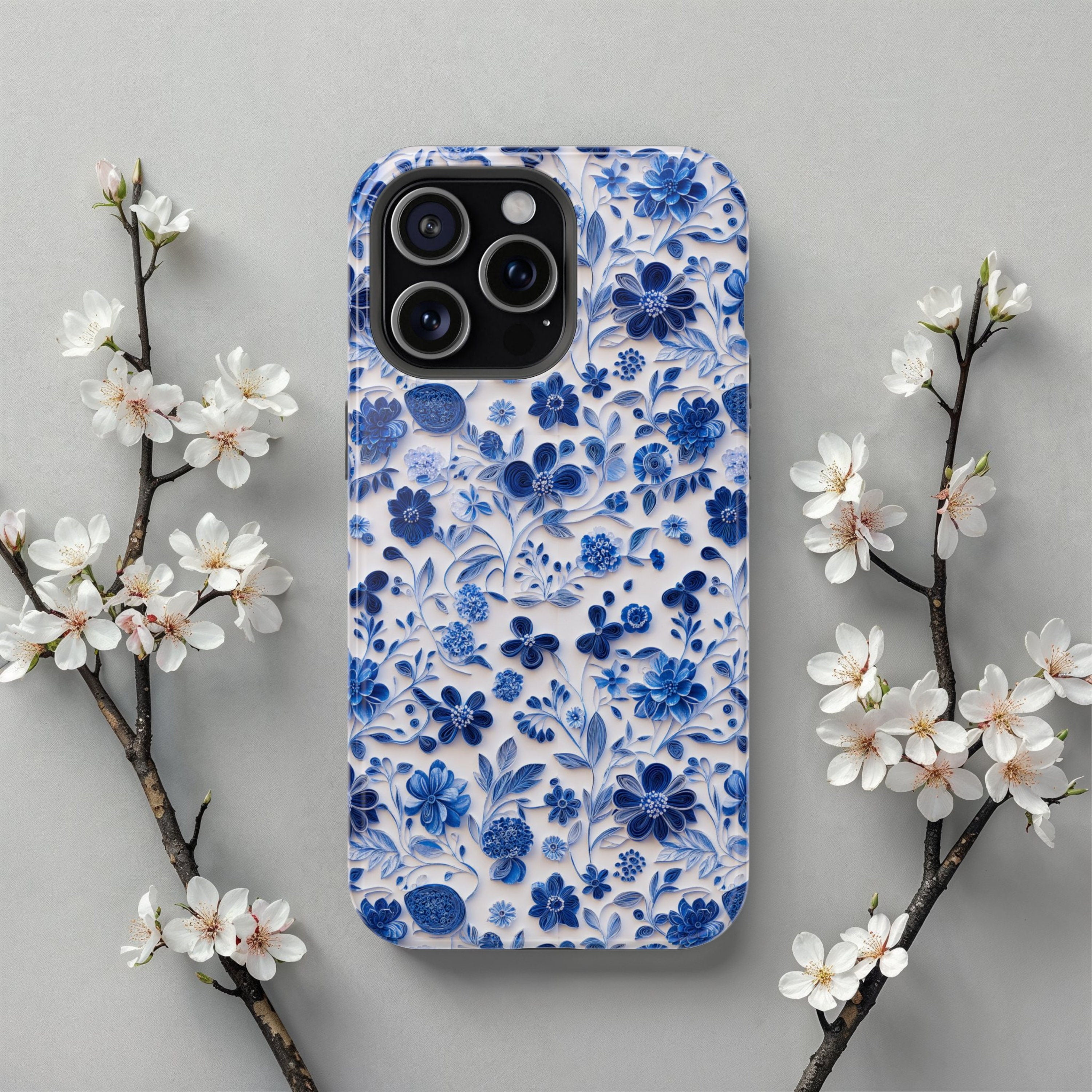 Delft Blue Floral Paper Craft Aesthetic Phone Case 17 through 11 Pro ...