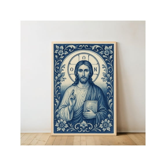 Delft Blue Jesus Christ Print: Byzantine Chinoiserie Religious Christian Wall Art Warm Present ...