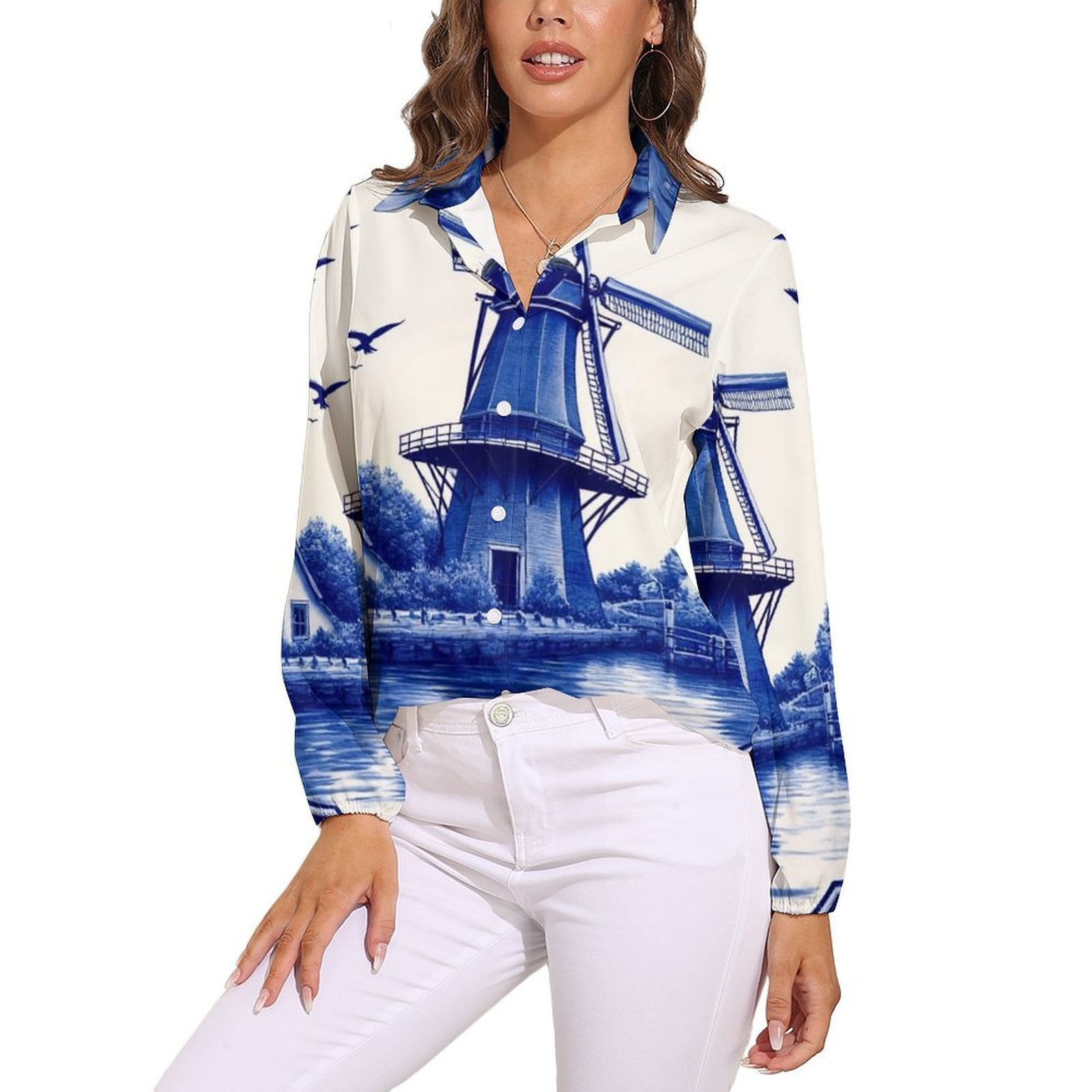 Delft Blue Windmill Scene-2 Vntage Casual Long Sleeve Shirt Blouse ...