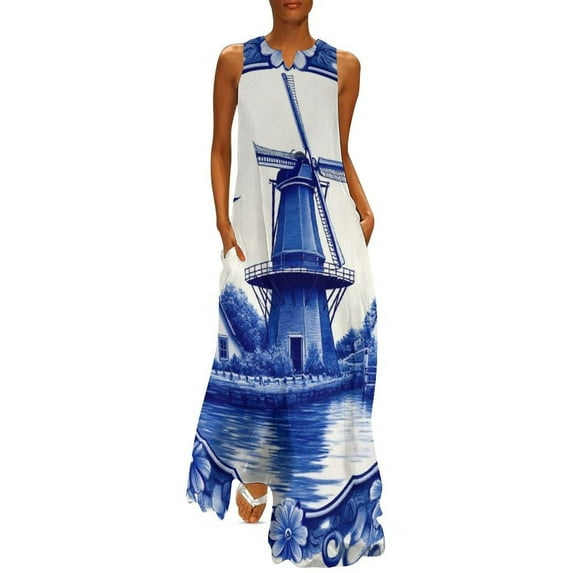 Delft Blue Windmill Scene Long Dress Women's summer dress women's ...
