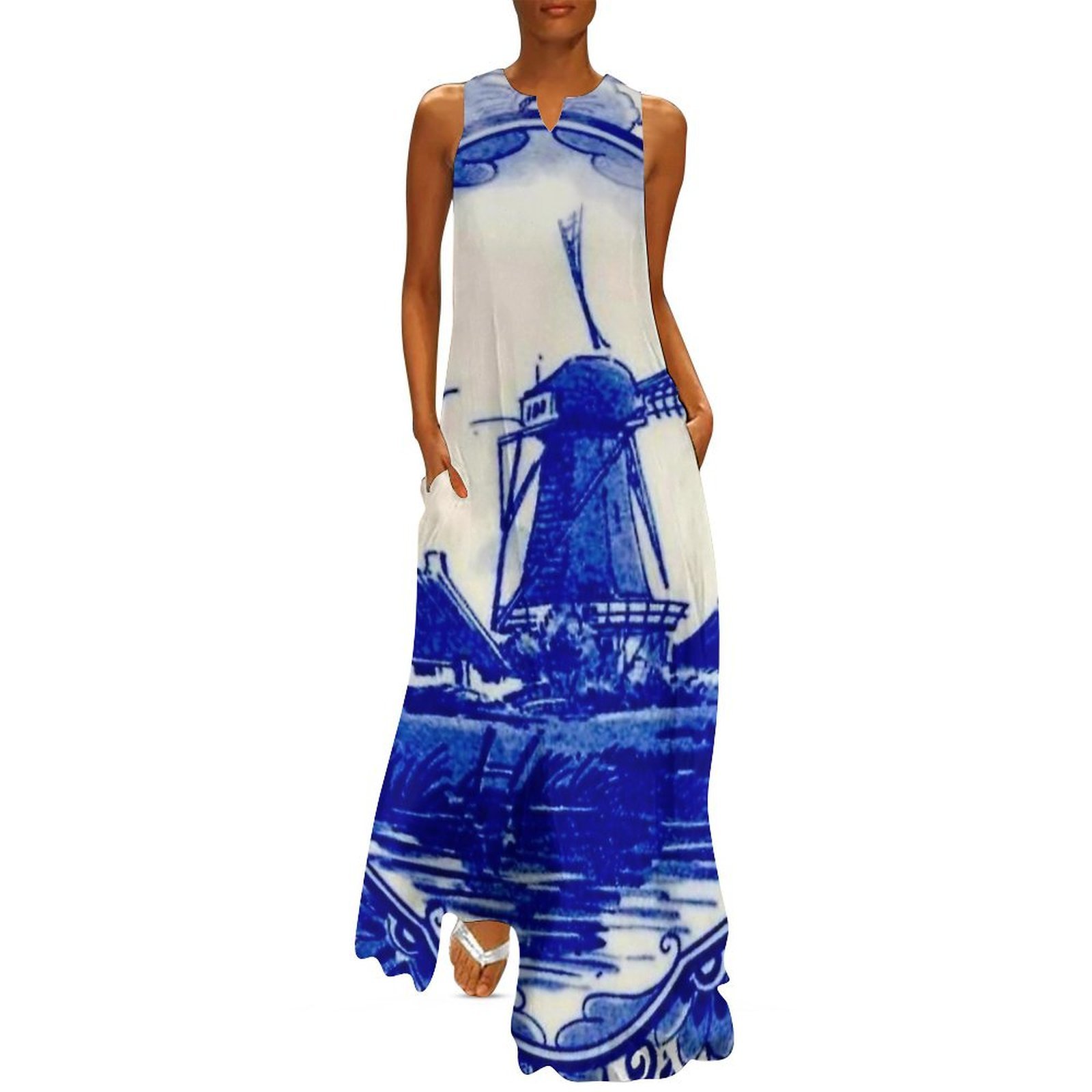 Delft Blue Windmill Scene Long Dress luxury evening dresses women ...