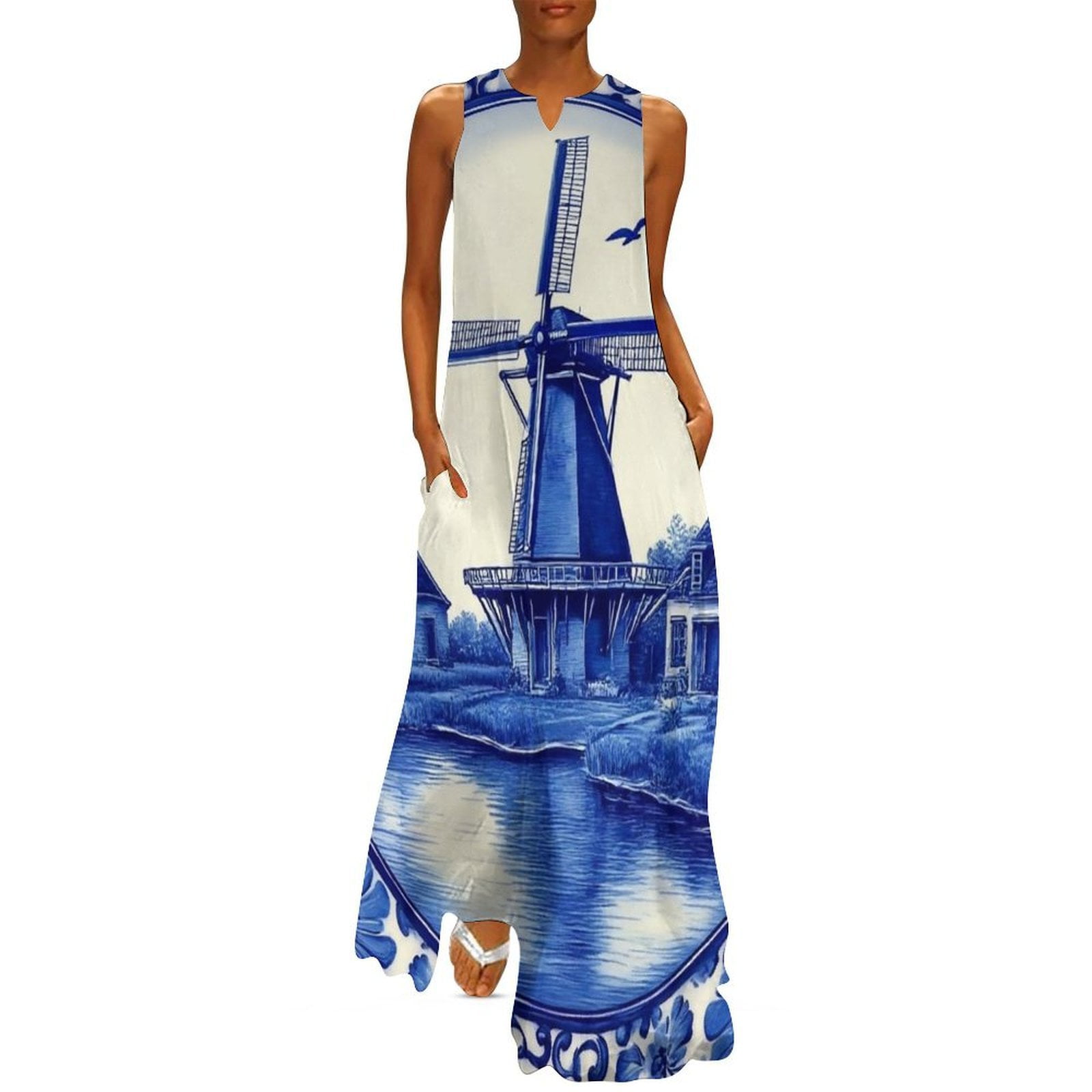 Delft Blue Windmill Scene Long Dress luxury evening dresses women ...