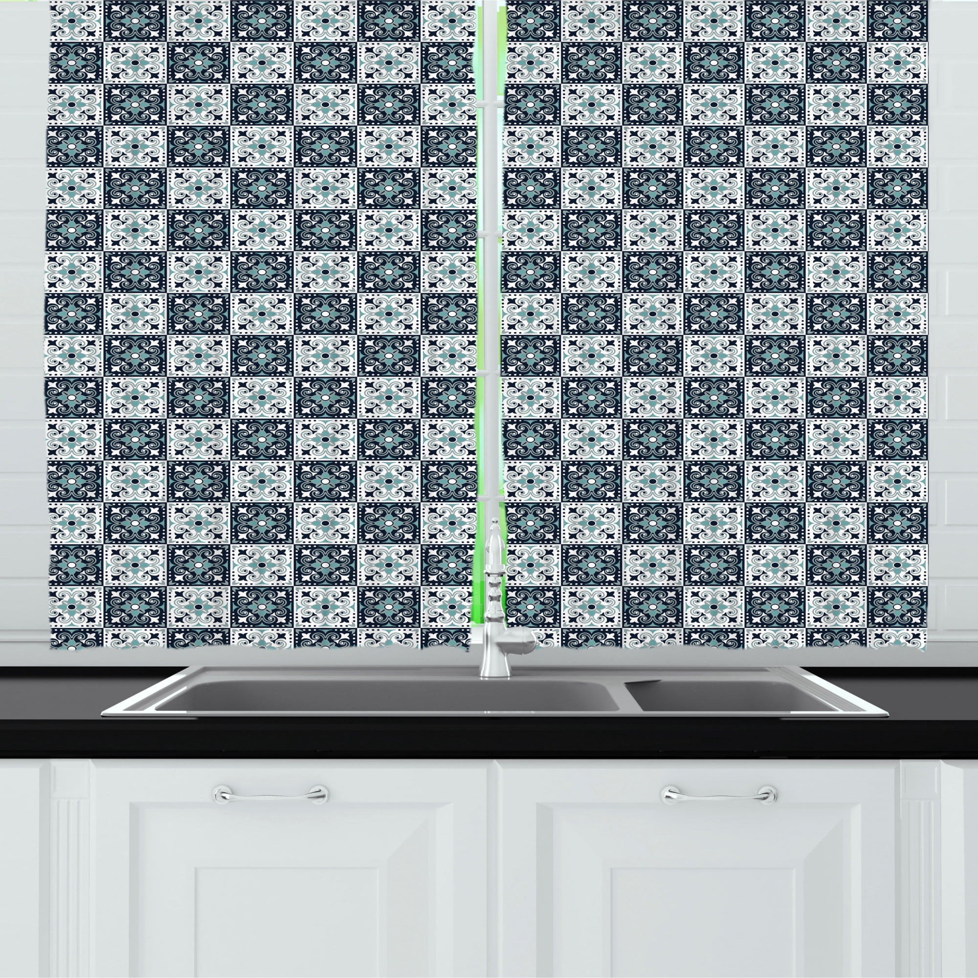 Delft Kitchen Curtains, Square Motif Curlicue Victorian Mosaic Look on ...