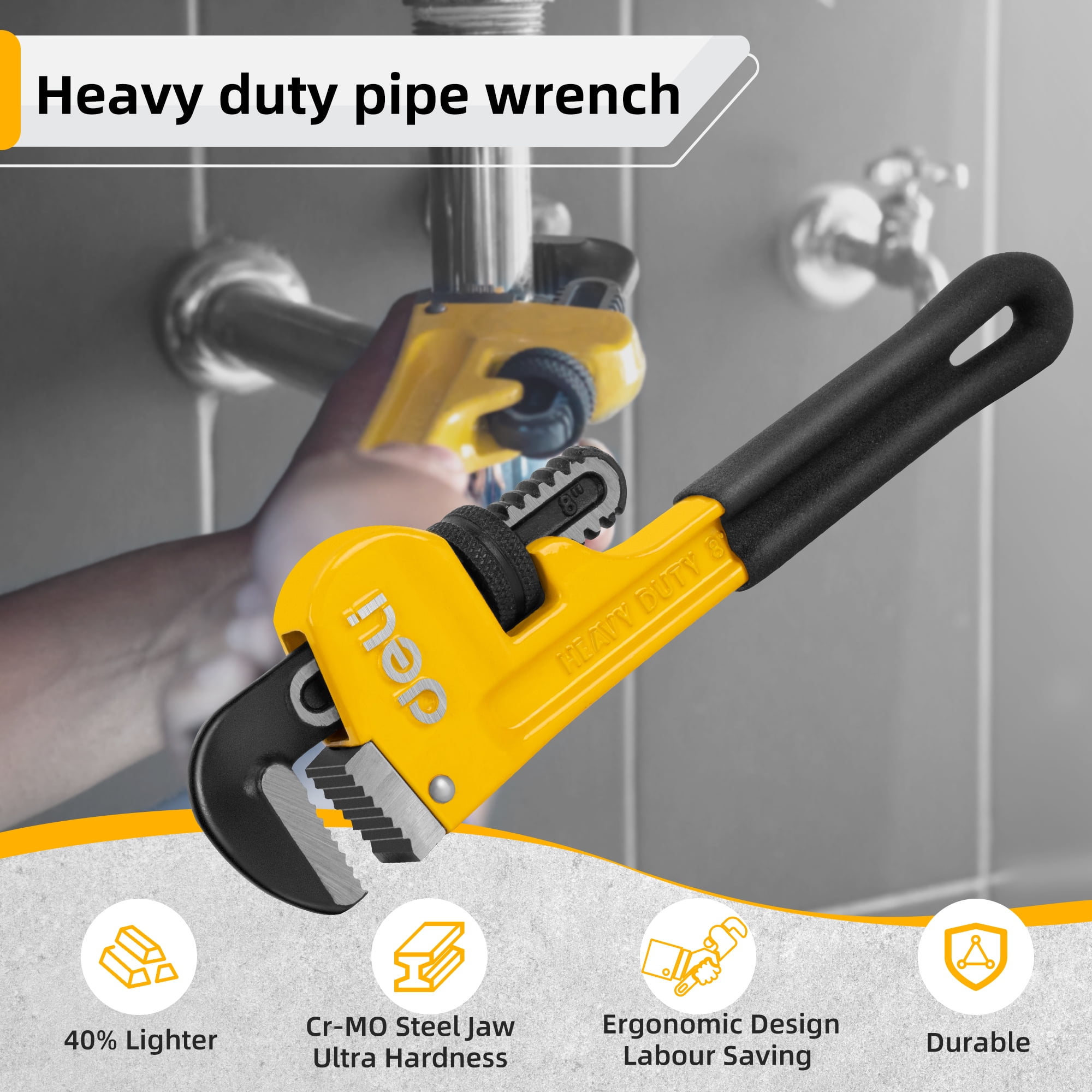 Deli 18-Inch Heavy Duty Straight Pipe Wrench with Soft Grip,Adjustable ...